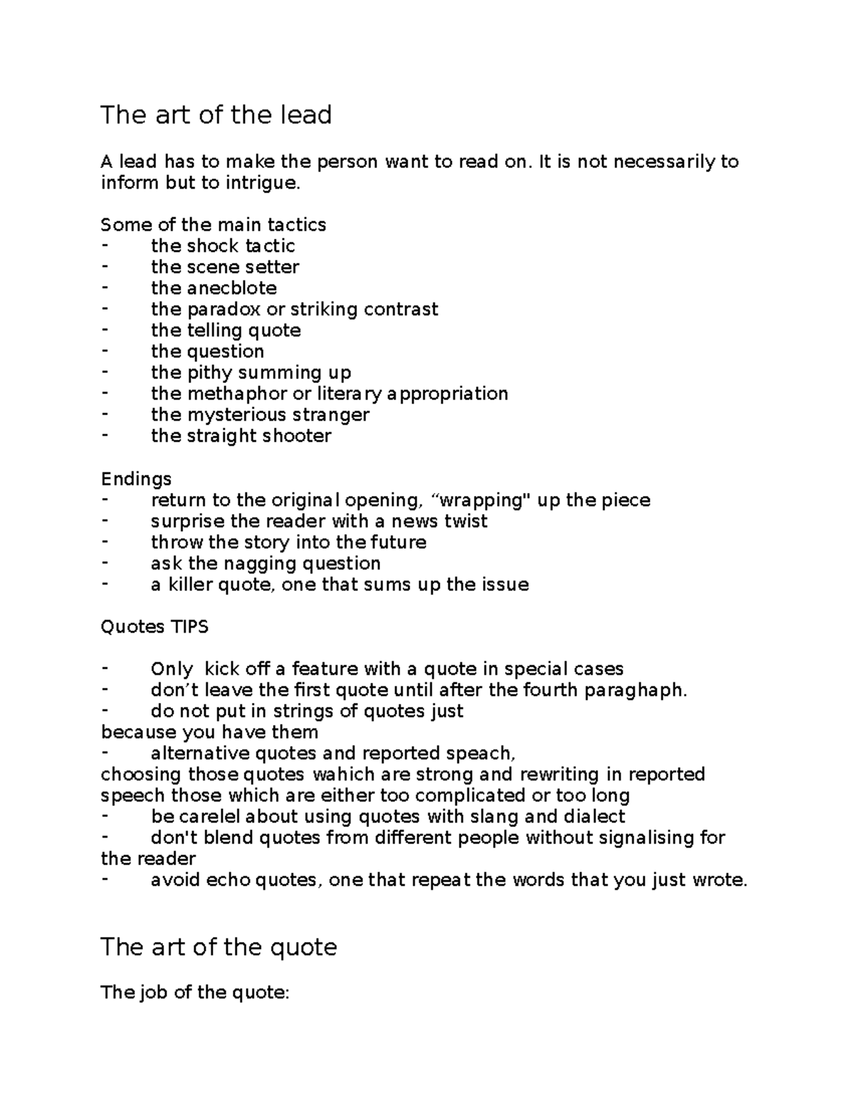 The art of the lead - Leads in feature writing - The art of the lead A ...