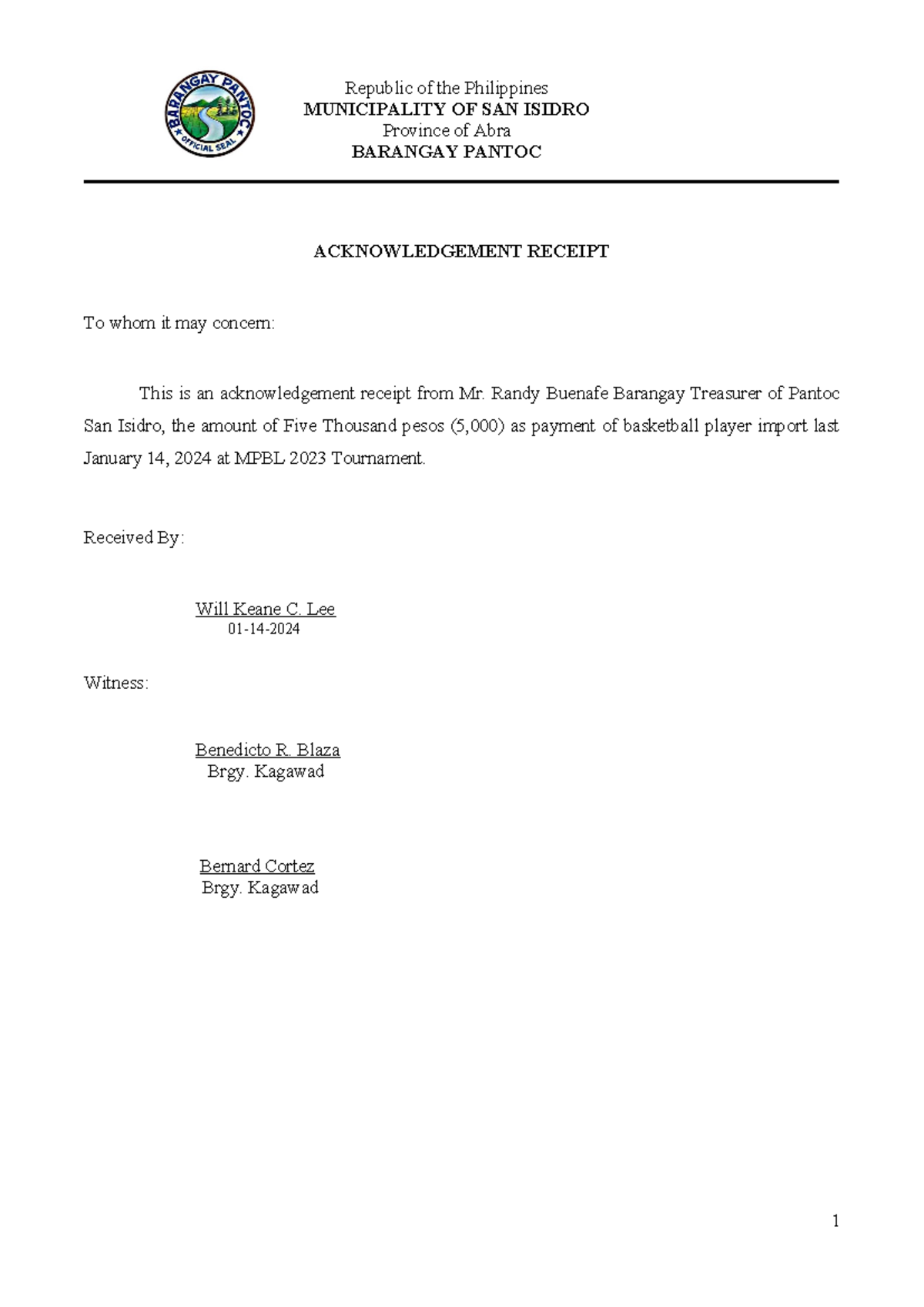 Acknowledgement Receipt 2024 - MUNICIPALITY OF SAN ISIDRO Province of ...