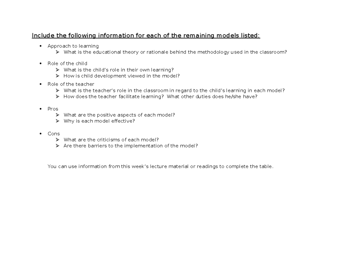 Bernhardt April ECED101 Wk5 Curriculum Models - Include the following ...