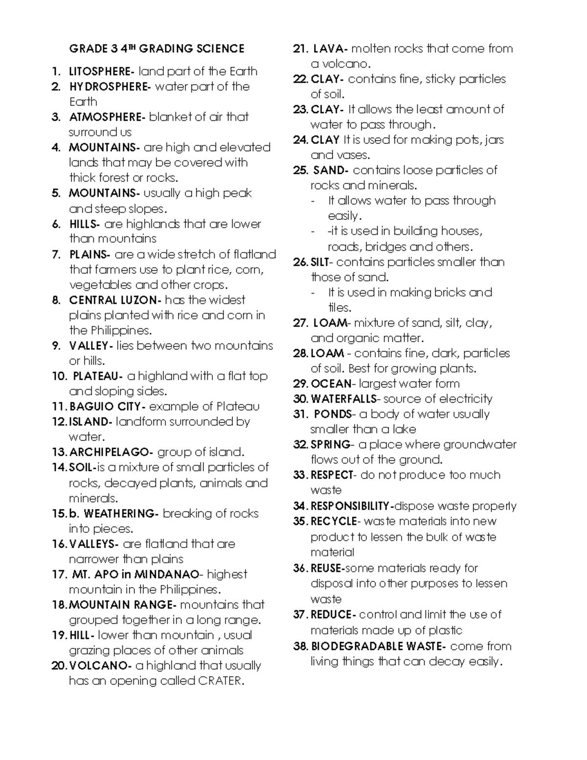 science reviewer - GRADE 3 4TH GRADING SCIENCE LITOSPHERE- land part of ...