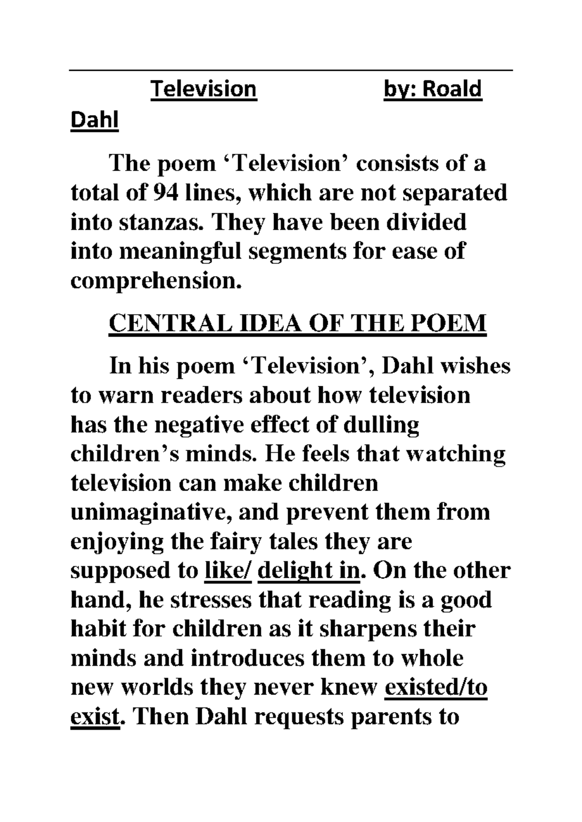 Television by - Birthday - Television by: Roald Dahl The poem ...