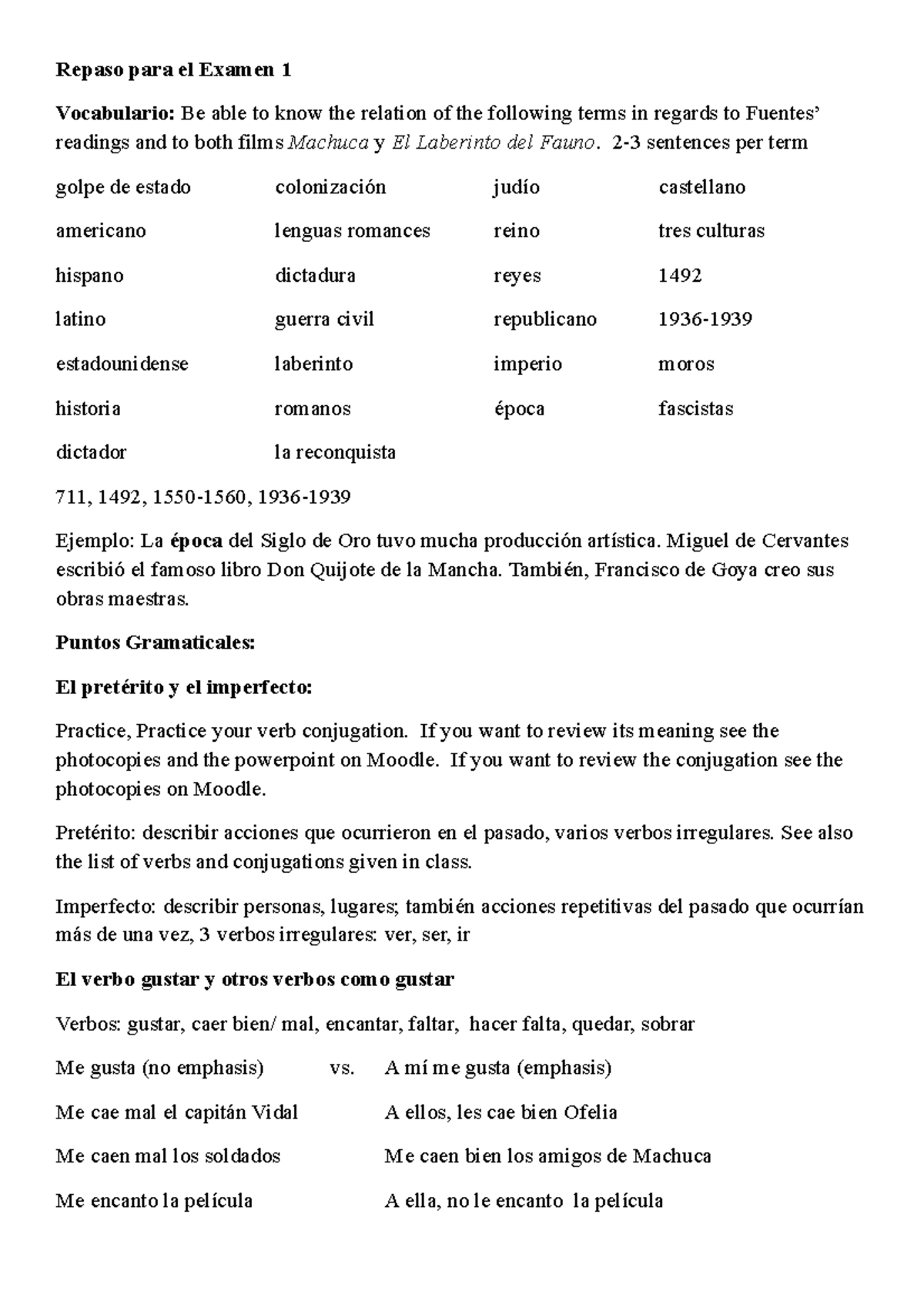 Review Examen 1 espanol 201 - Repaso para el Examen 1 Vocabulario: Be ...