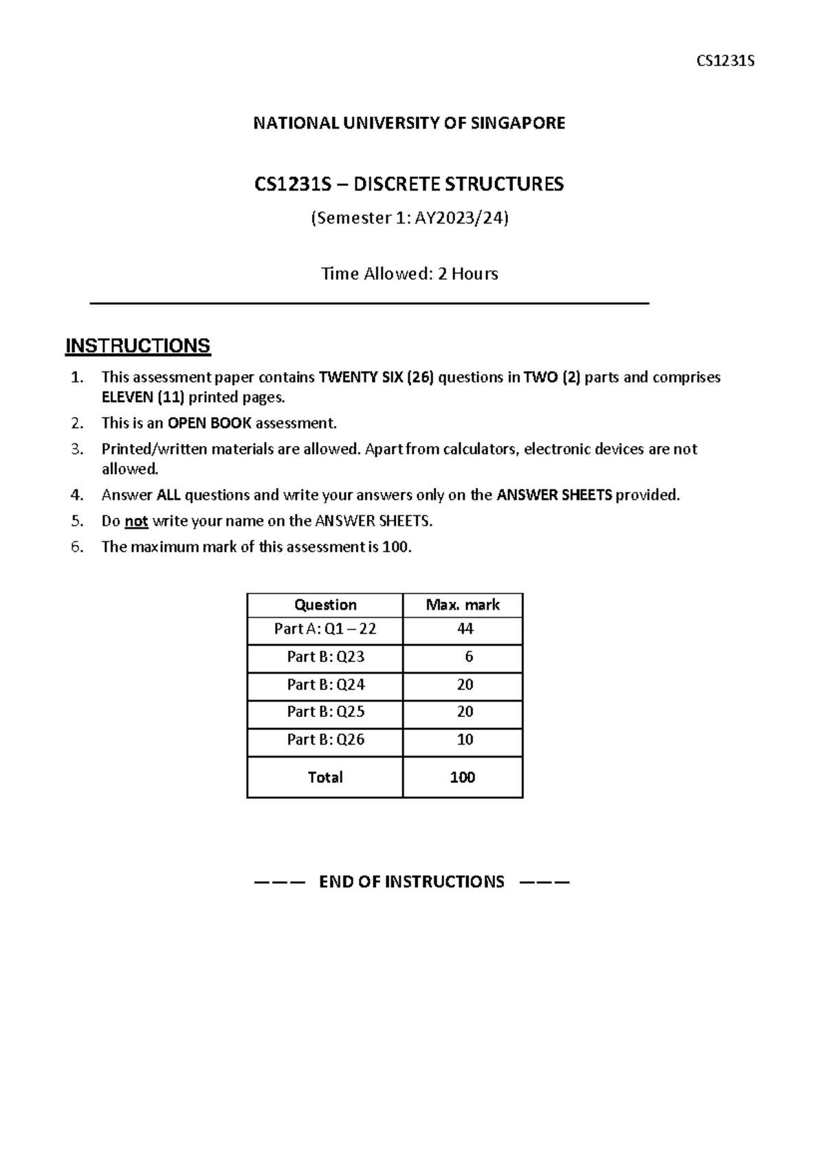 cs1231s- Exam Questions qns - NATIONAL UNIVERSITY OF SINGAPORE CS1231S – DISCRETE STRUCTURES ...