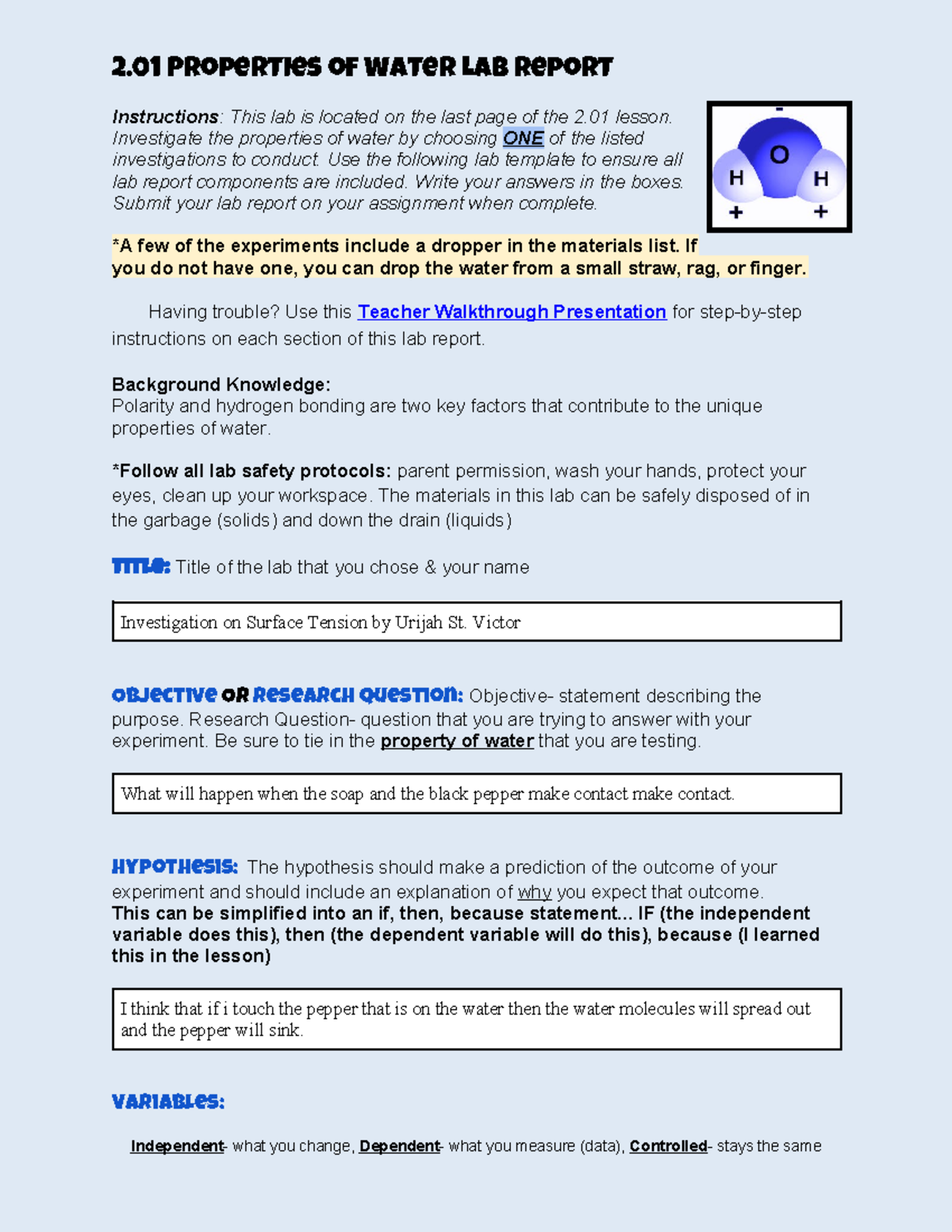 Copy of 2 01 Properties of Water Lab Report - 2 Properties of Water Lab ...