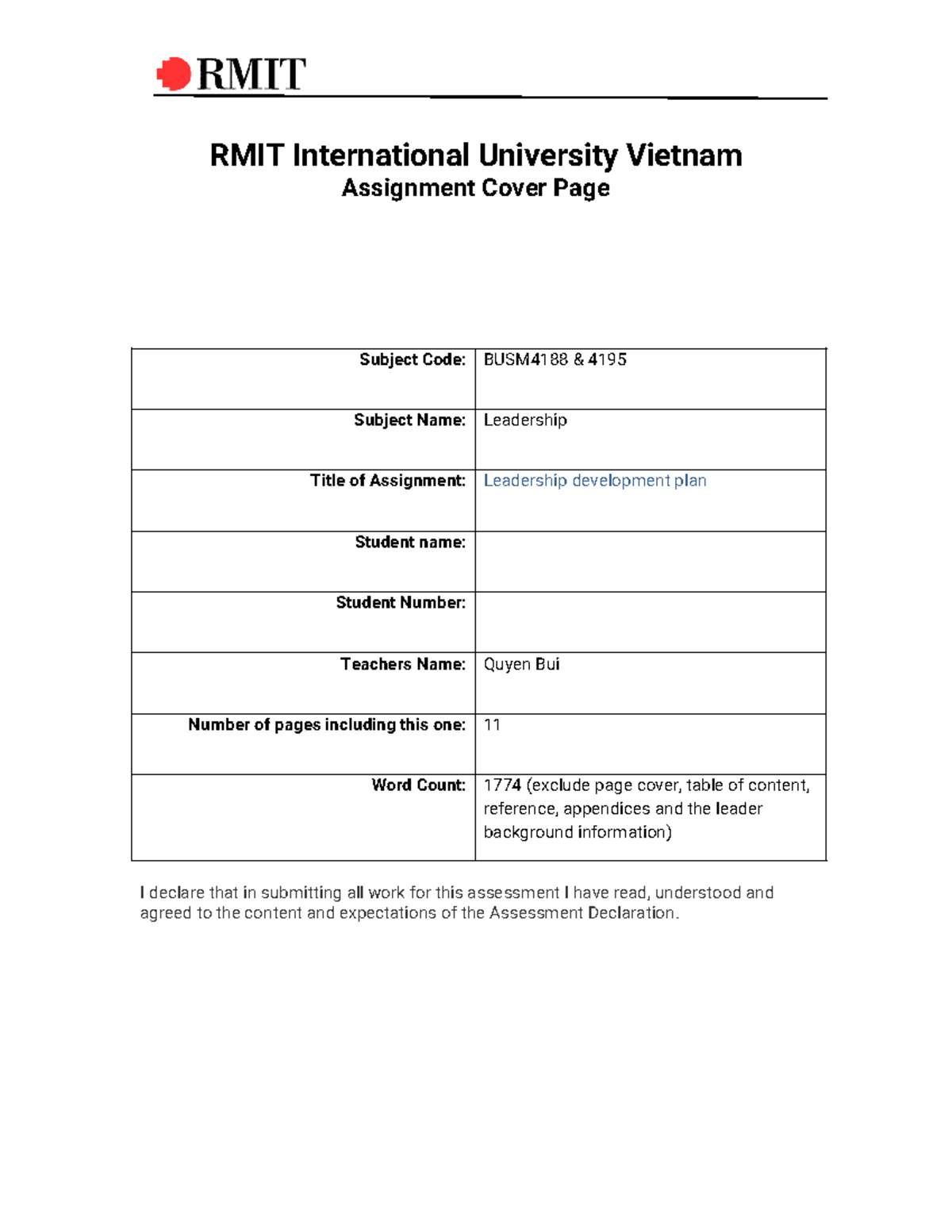 Leadership Assignment 3 - RMIT International University Vietnam ...