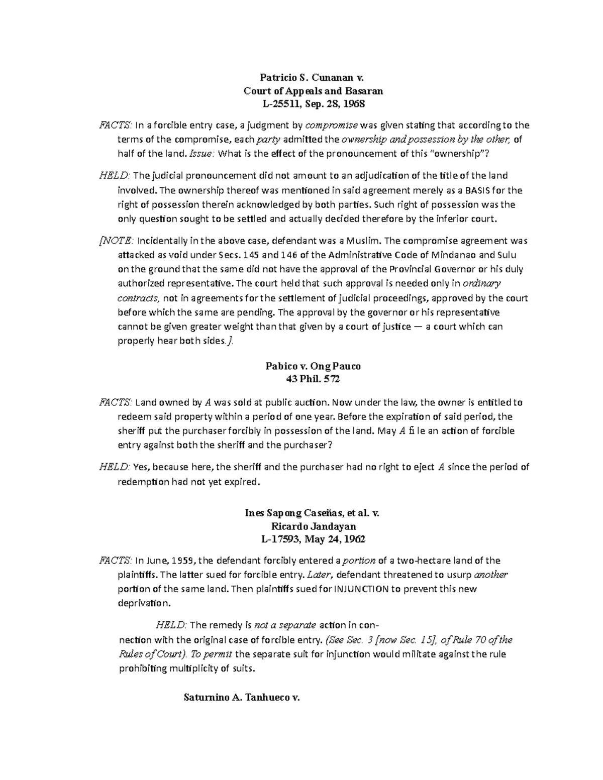Property law m27 - Patricio S. Cunanan v. Court of Appeals and Basaran ...