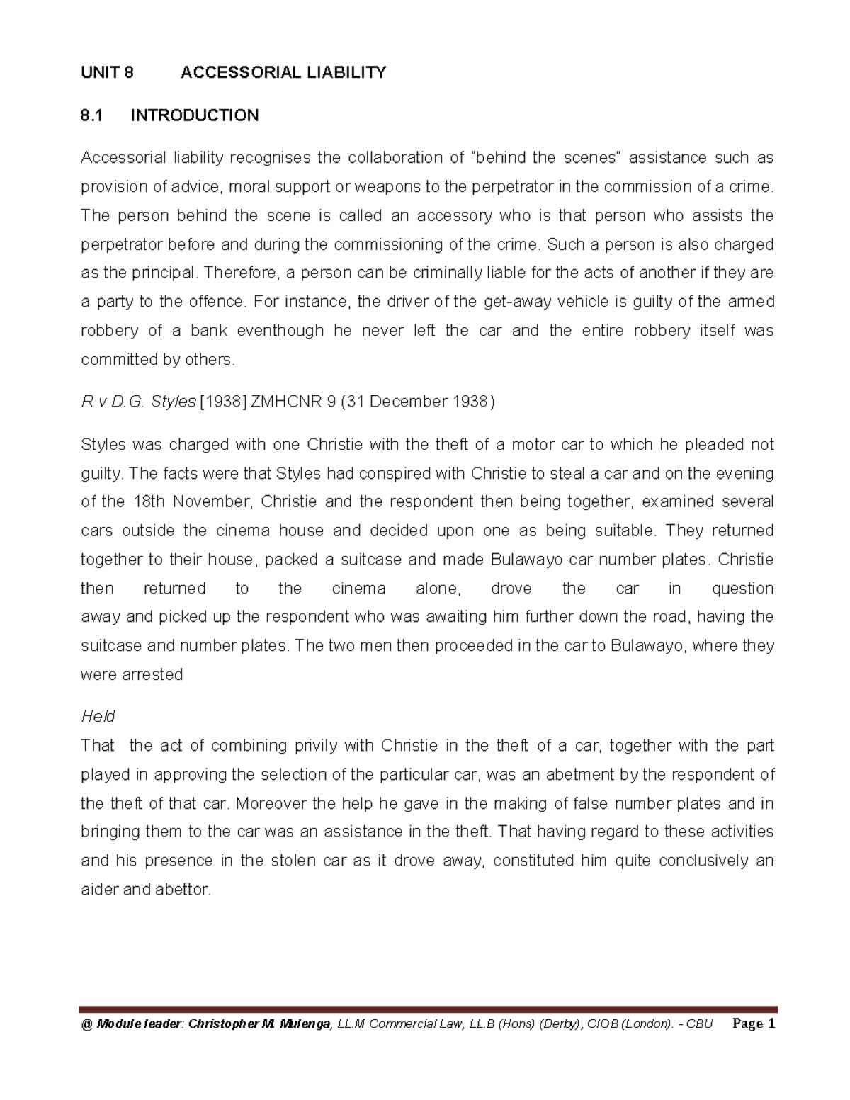 Criminal UNIT 8 Accessorial Liability - UNIT 8 ACCESSORIAL LIABILITY 8 INTRODUCTION Accessorial ...