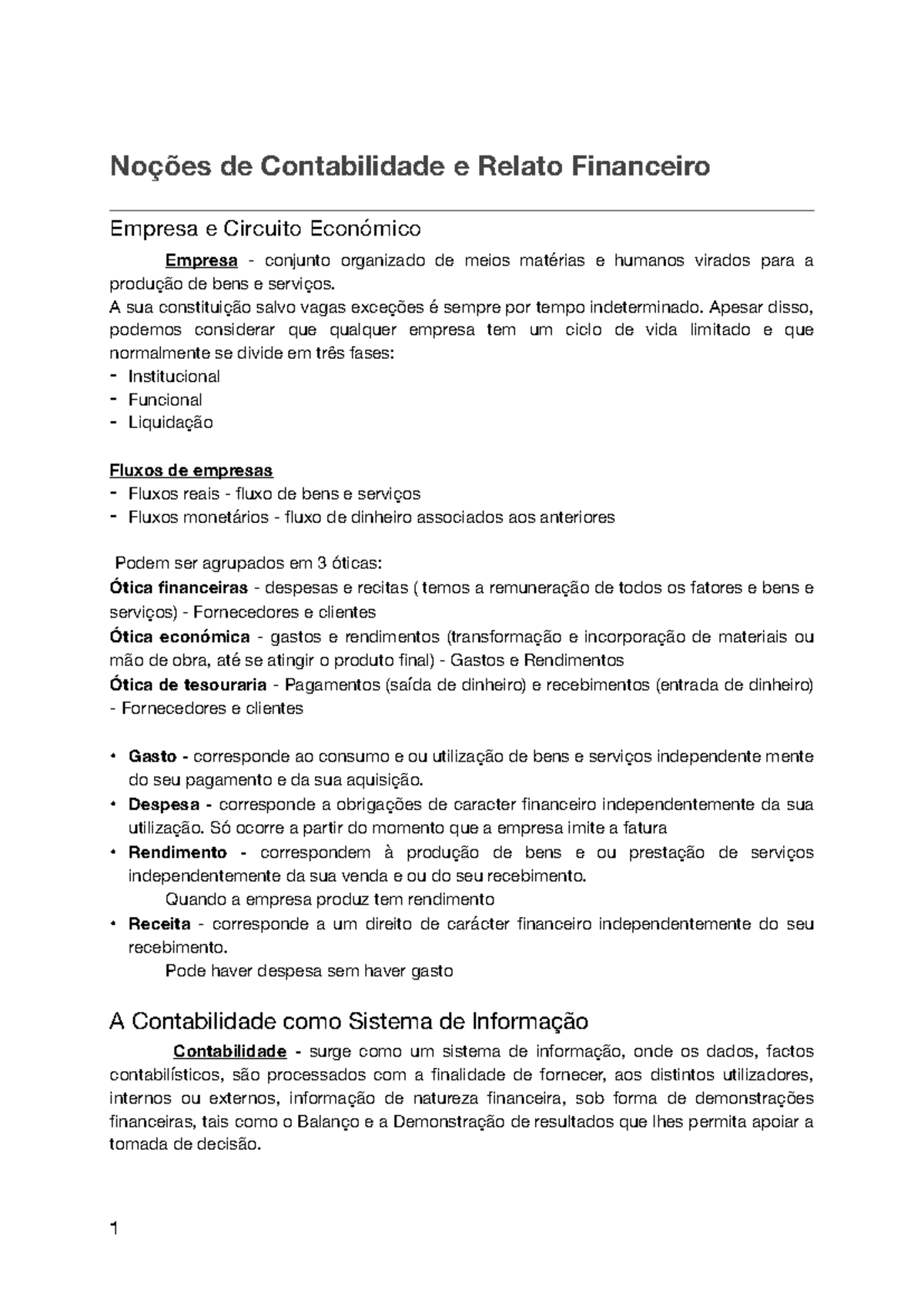Resumos NCRF 1º Teste - Noções de Contabilidade e Relato Financeiro ...