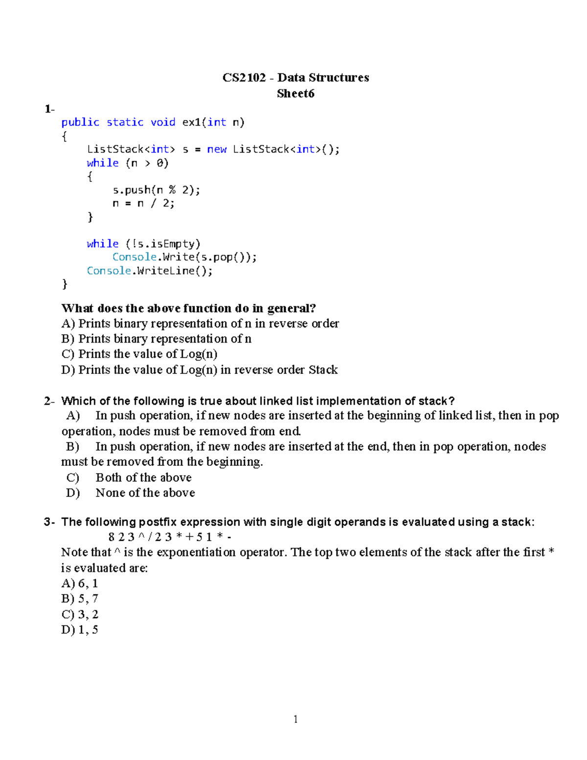 Sheet 6 - 1 CS2102 - Data Structures Sheet 1- public static void ex1 ...