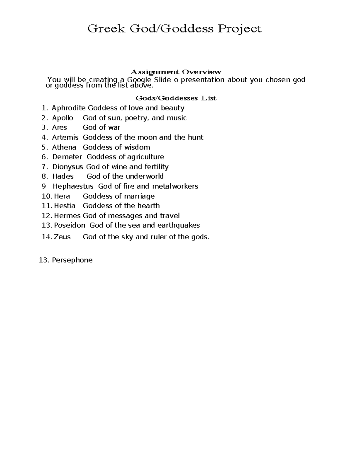 Greek God End of Novel Project - Greek God/Goddess Project Assignment ...