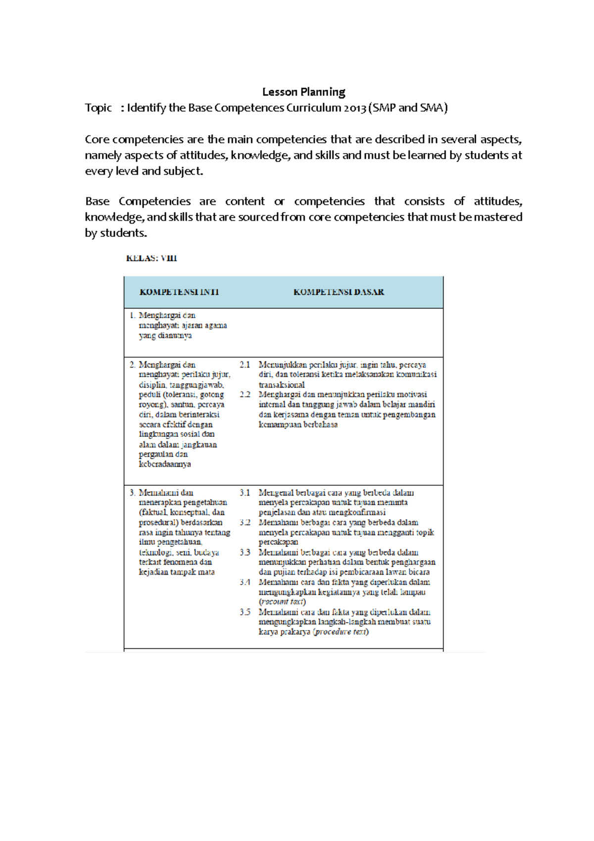 Assignment Notes LP Course 1 - Lesson Planning Topic : Identify the ...
