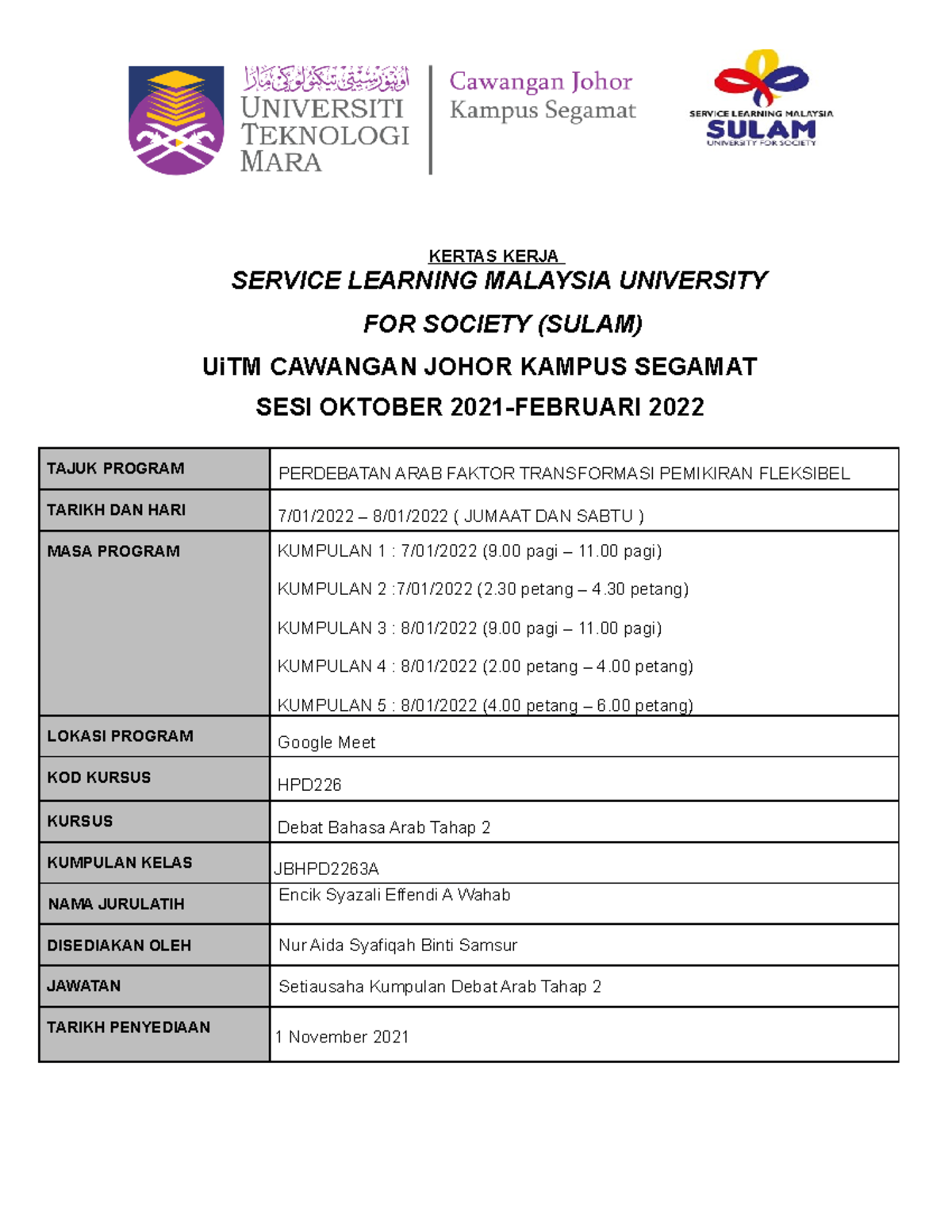 Program Sulam Oktober 2021- Februari 2022 - KERTAS KERJA SERVICE ...