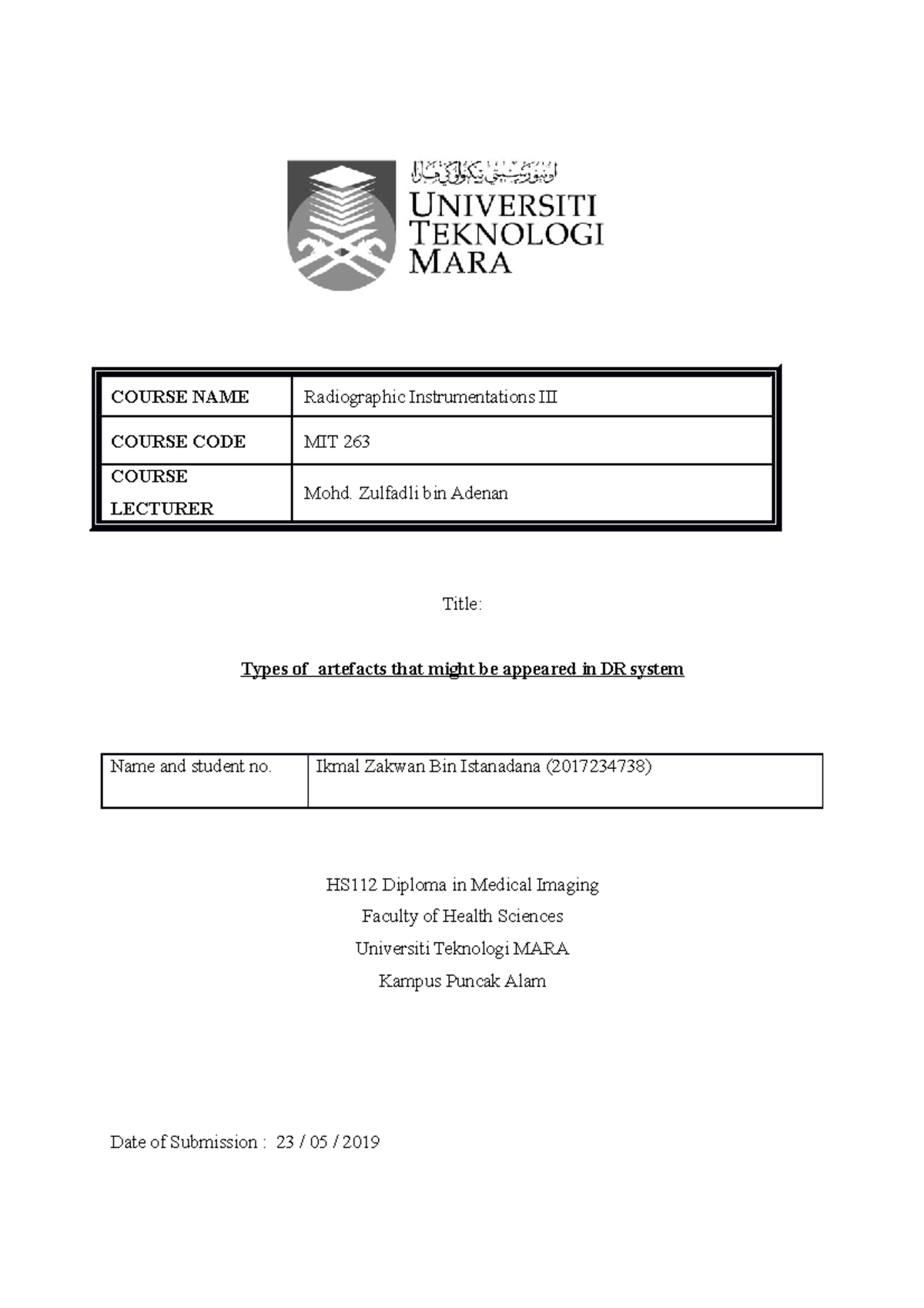 Artefacts that might be appeared in DR system - COURSE NAME ...