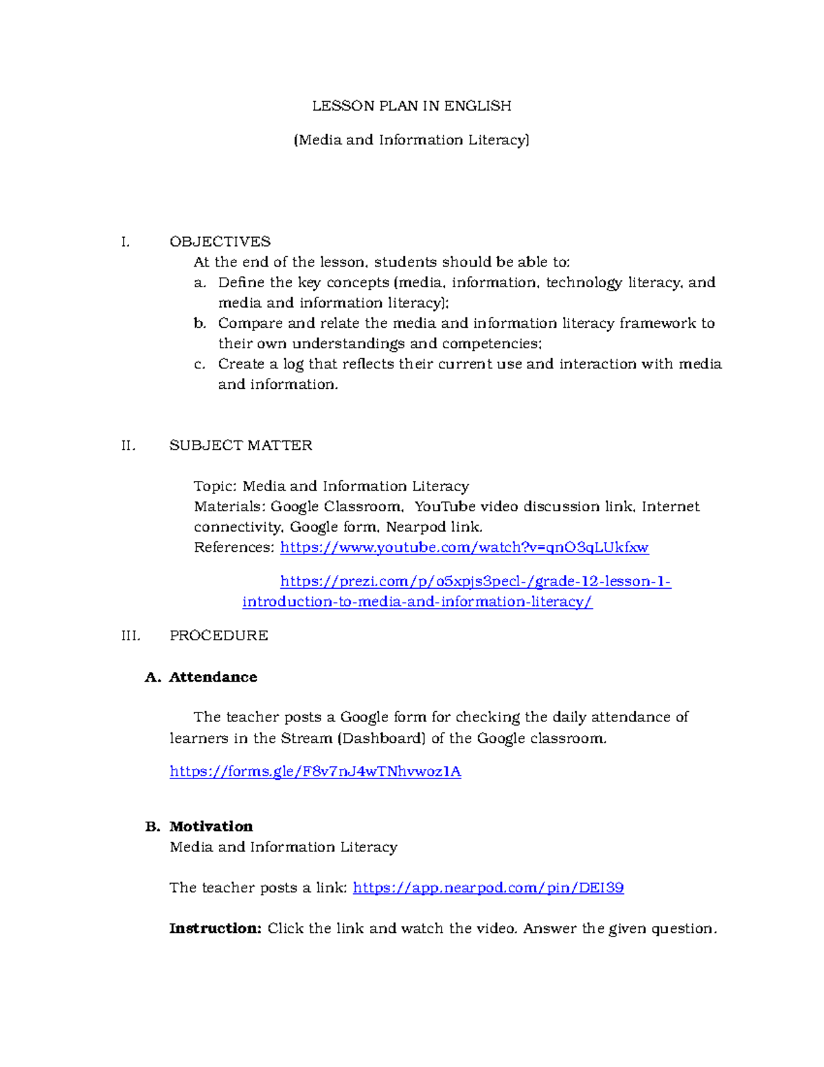 MIL Lesson PLAN - LESSON PLAN IN ENGLISH (Media and Information ...