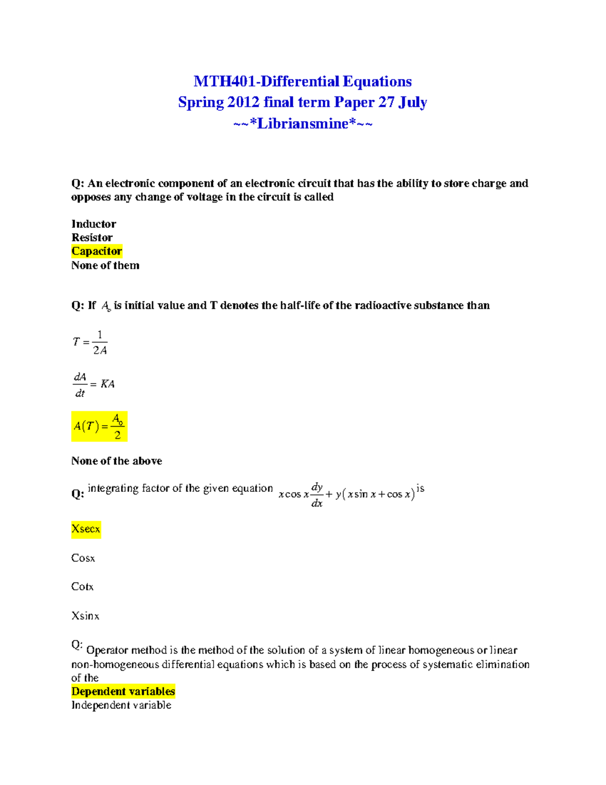 MTH401-Final Term-2012 - MTH401-Differential Equations Spring 2012 final term Paper 27 July ...