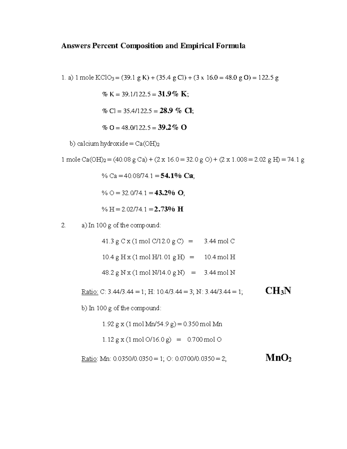 Percent Composition and Empirical Formula - Answers - Answers Percent ...