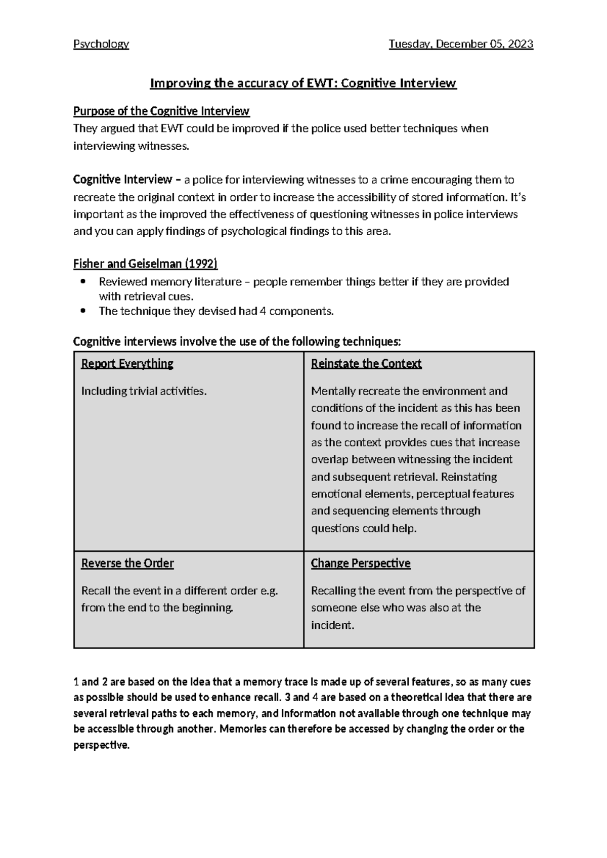 EWT Cognitive Interviews - Psychology Tuesday, December 05, 2023 ...