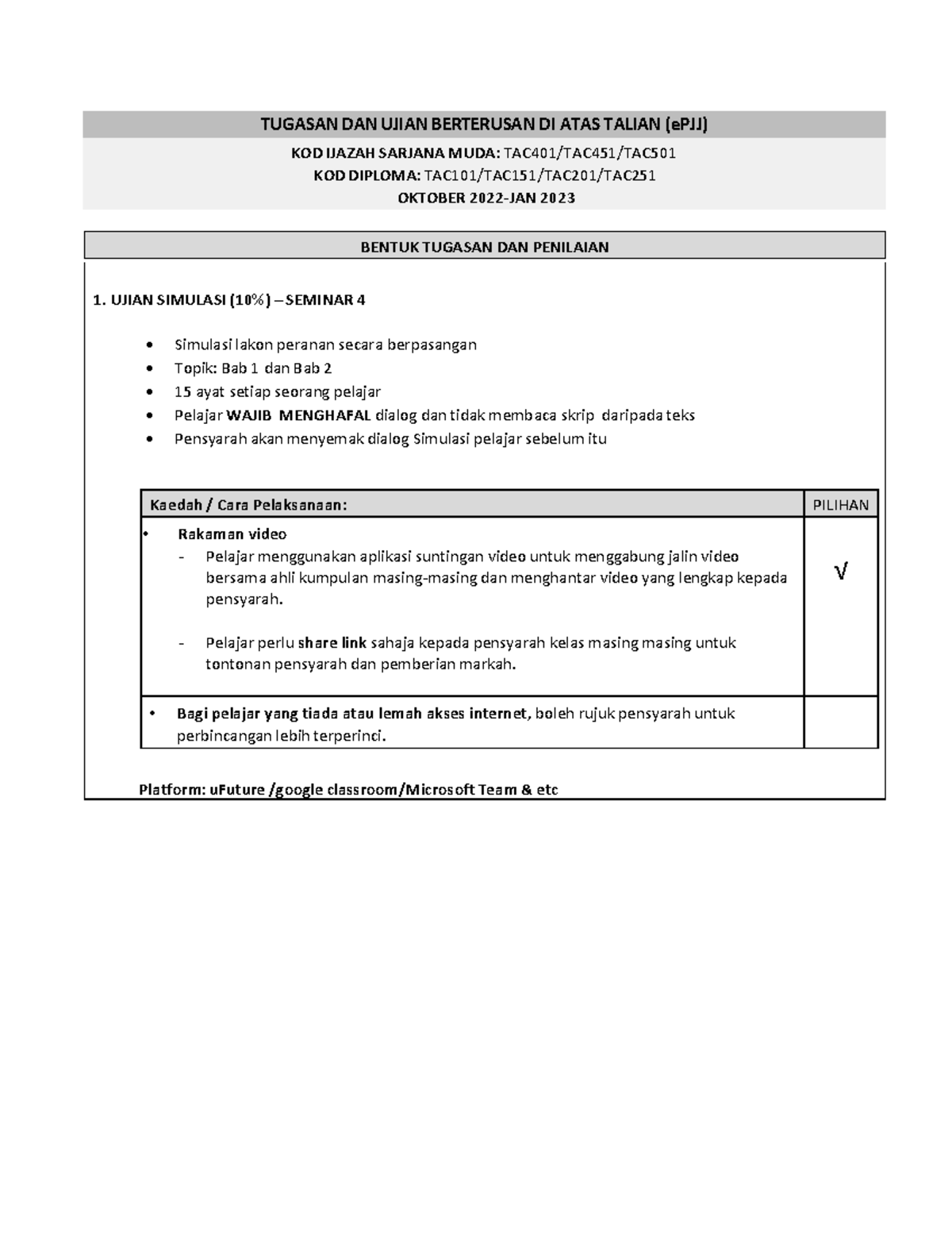 Ujian Berterusan Bahasa ARAB Rujukan Pelajar e PJJ OKT 2022 JAN 2023 ...