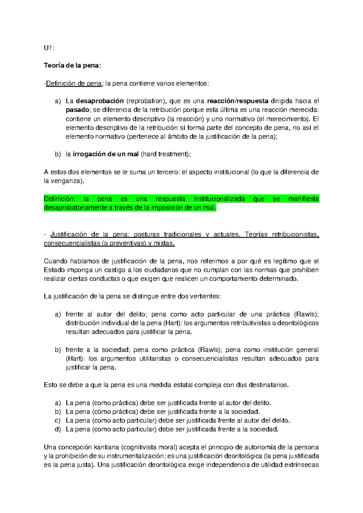Resumen Teoría del Delito - U1: Teoría de la pena: Definición de pena ...