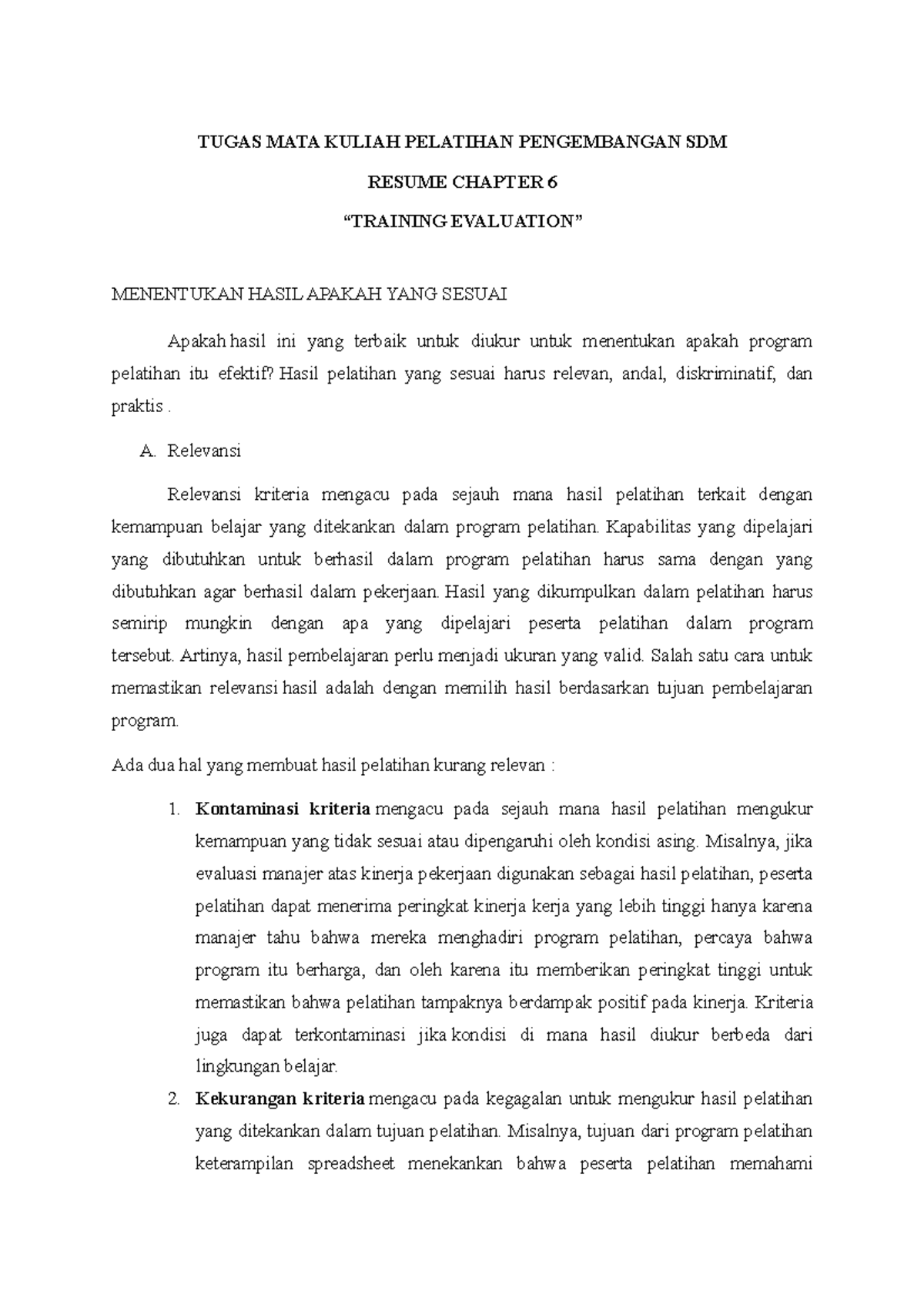 Chapter 6 Training Evaluation - TUGAS MATA KULIAH PELATIHAN PENGEMBANGAN SDM RESUME CHAPTER 6 ...