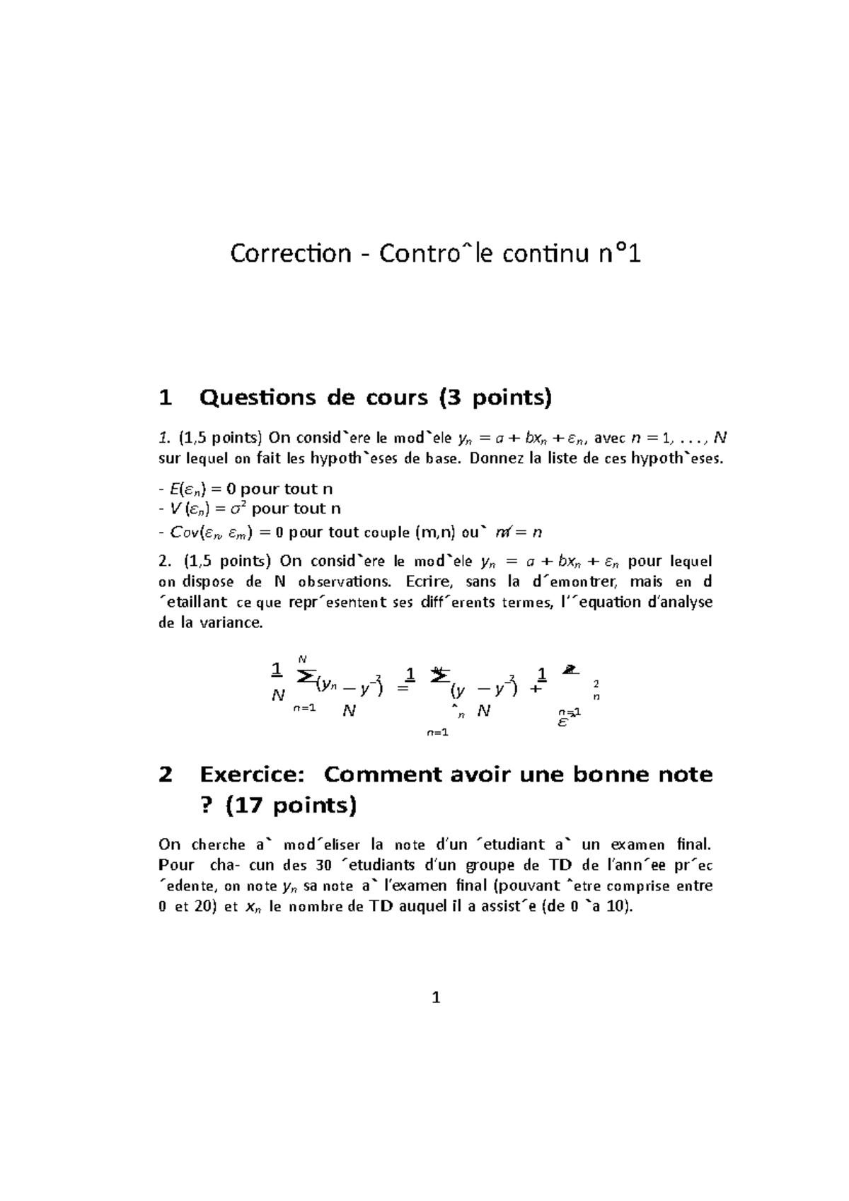 Correction CC1 2023 - dass - 1 Correction - Con t r o ˆ le contin u n° 1 1 Questions de cours (3 ...