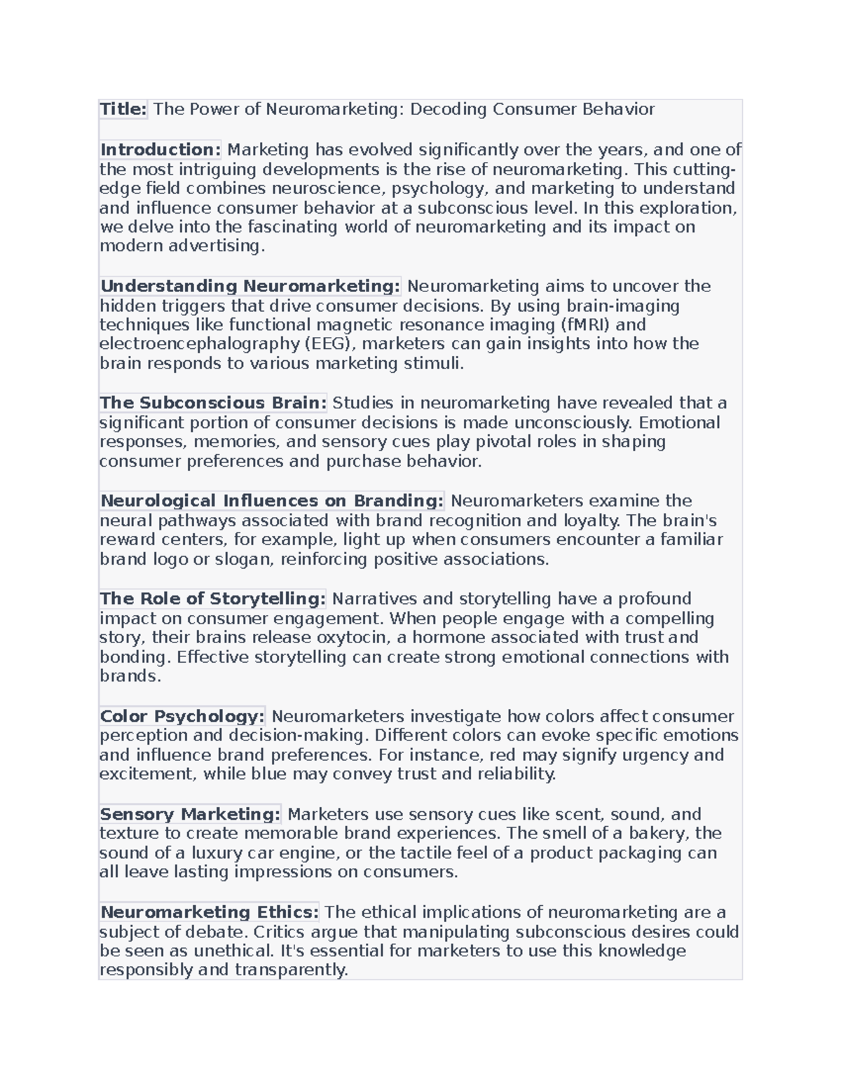 The Power of Neuromarketing Decoding Consumer Behavior - Title: The Power of Neuromarketing ...