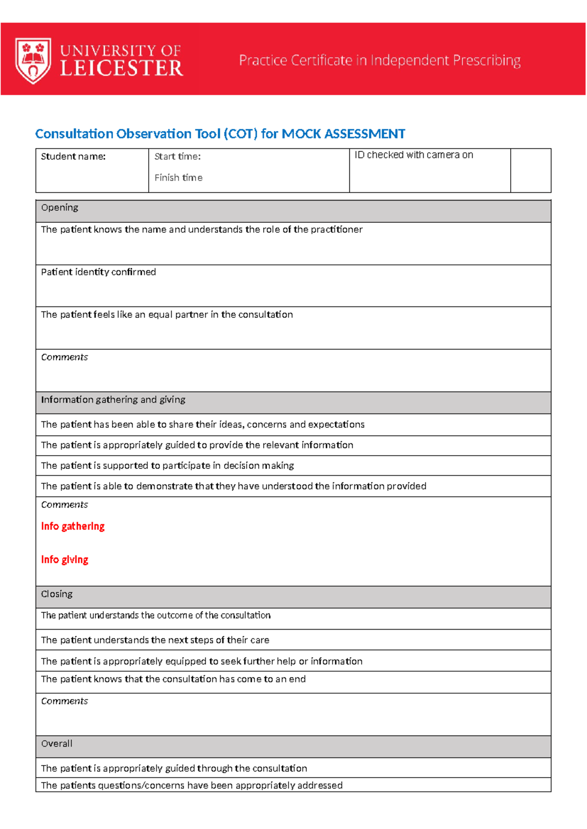 Mock COT feedback form - ASDA - Consultation Observation Tool (COT) for ...