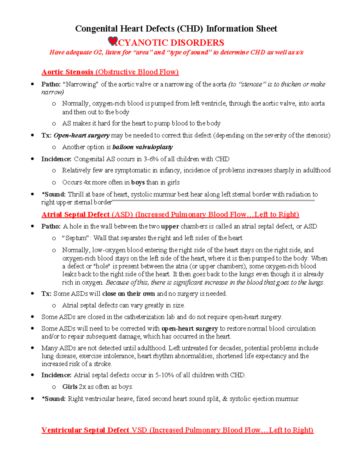 Congenital Heart Defects Info Sheet - Congenital Heart Defects (CHD ...