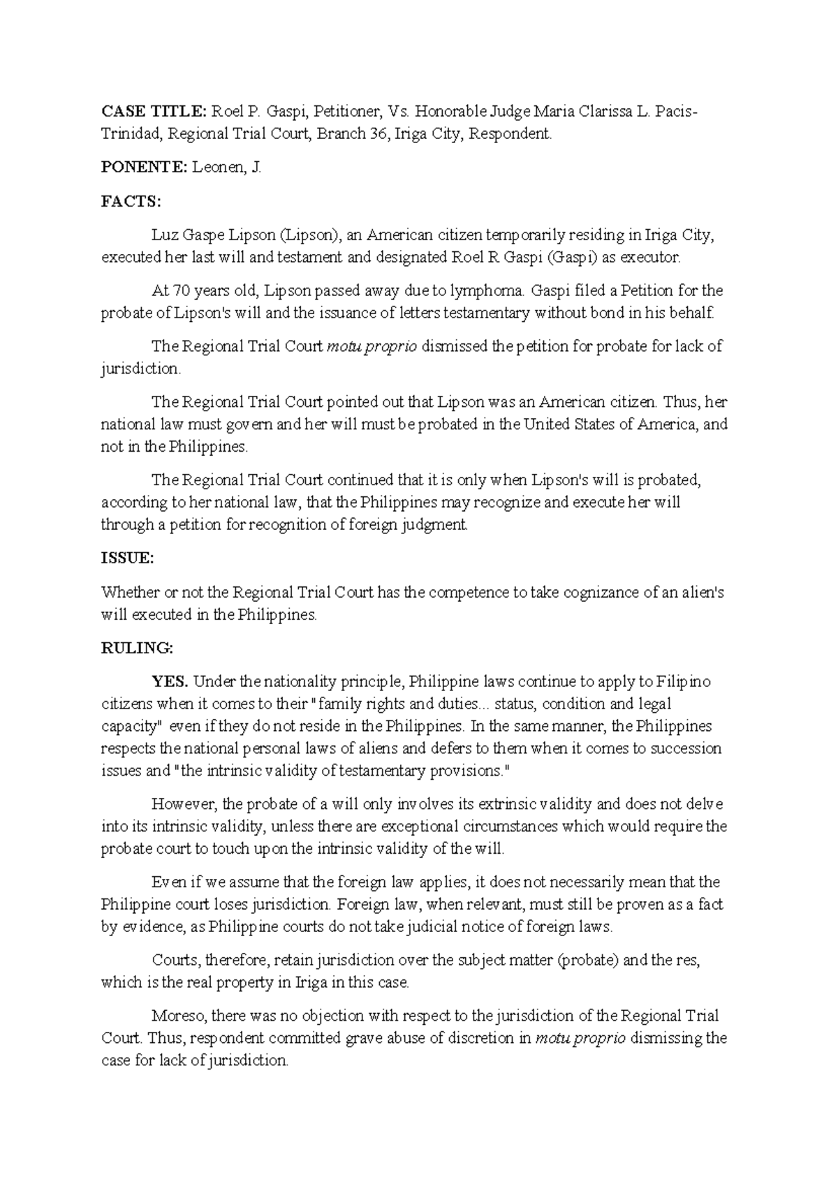 [G.R. No. 229010 ] - PFR Case Digest - CASE TITLE: Roel P. Gaspi ...