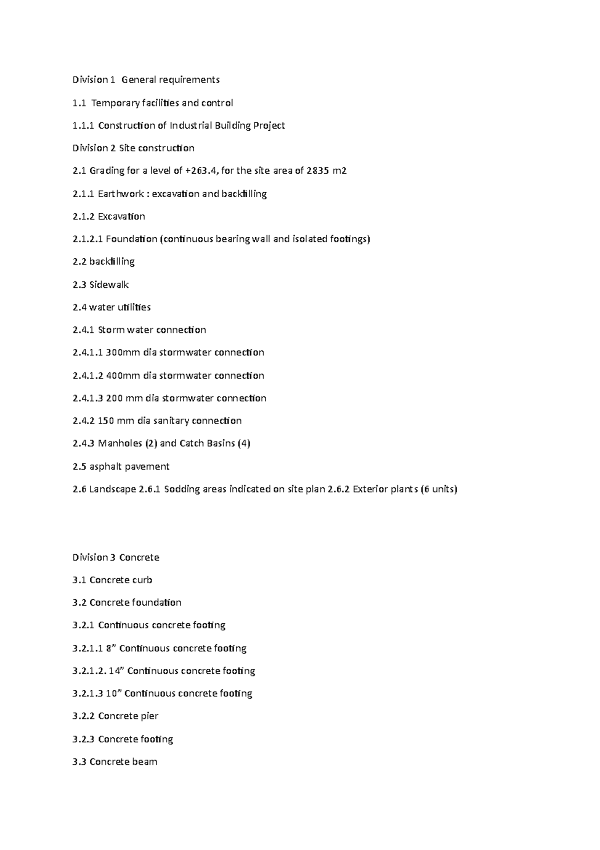 Wbs industrial building - Division 1 General requirements 1 Temporary ...