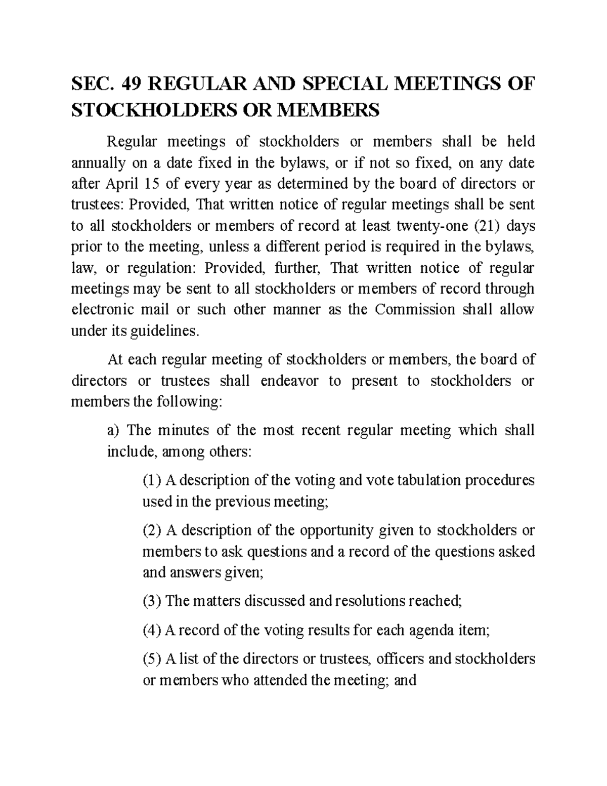 Document - N/A - SEC. 49 REGULAR AND SPECIAL MEETINGS OF STOCKHOLDERS ...
