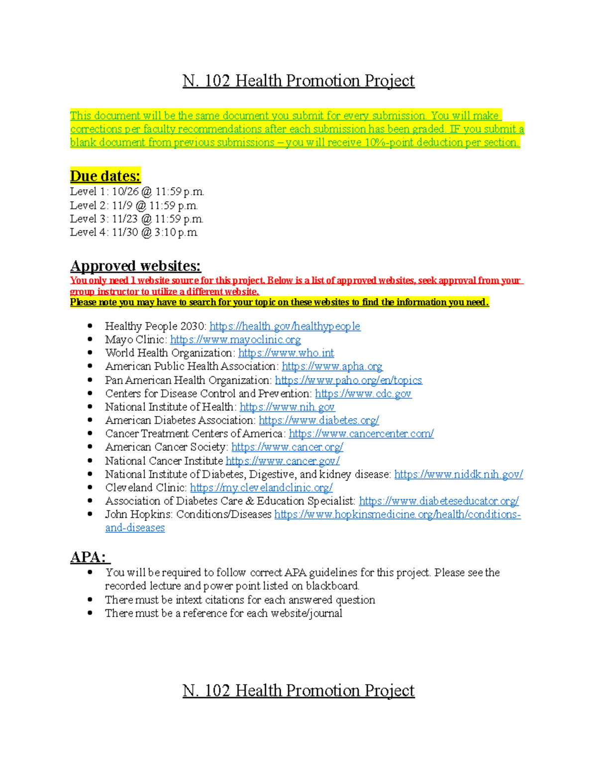 Nurs102 hpp - healthy promotion project - N. 102 Health Promotion ...