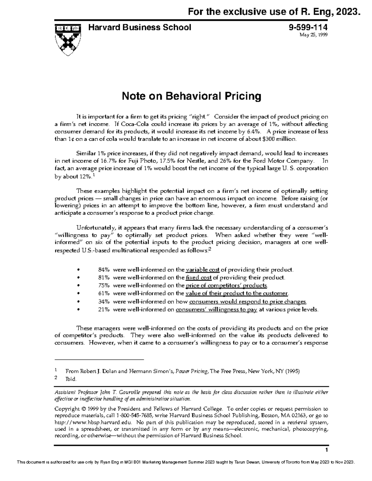Note on Behavioral Pricing - Harvard Business School 9-599- May 25 ...