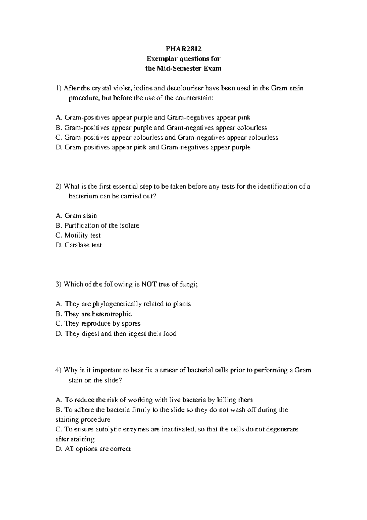 Mid-Semester Exam Exemplar questions - PHAR Exemplar questions for the ...