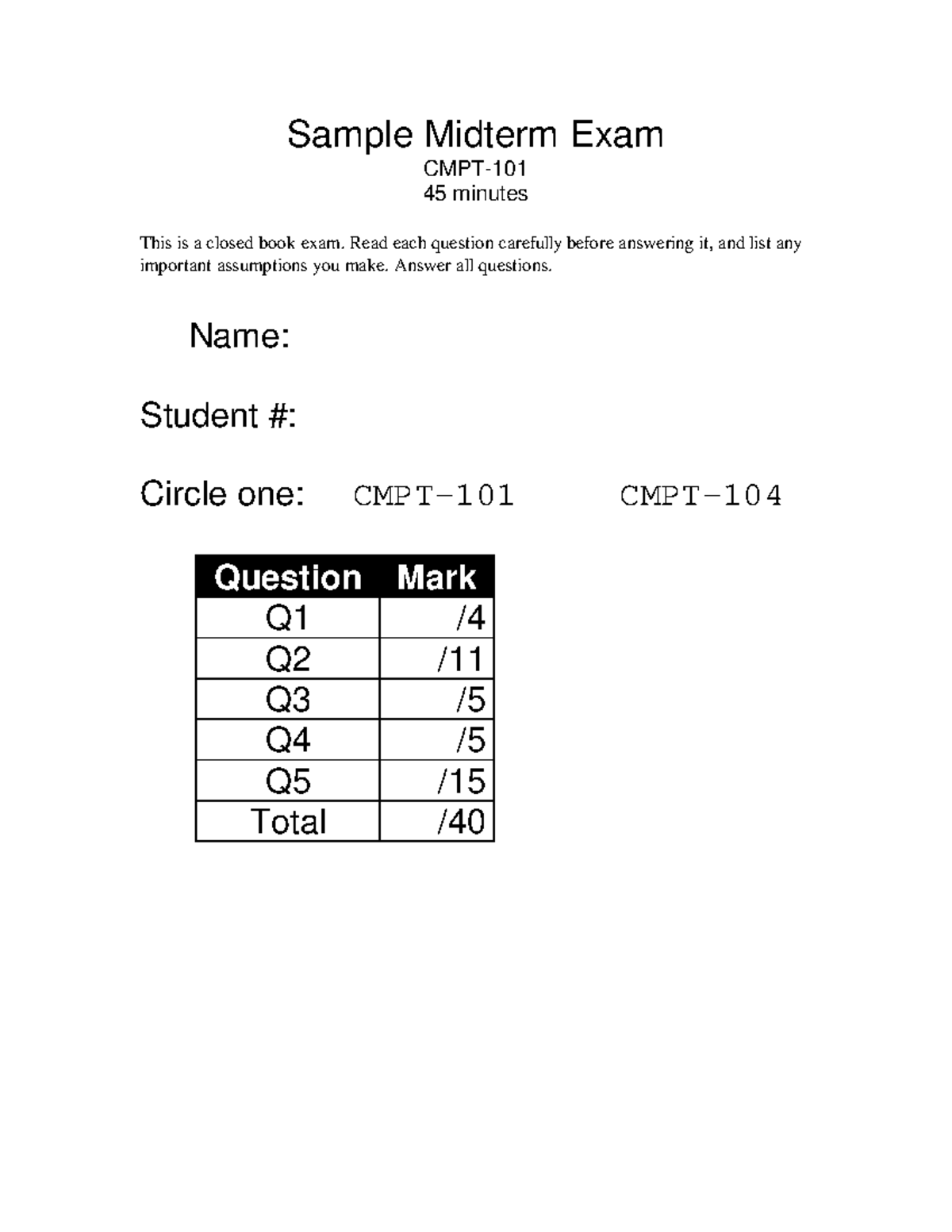 Sample 101 midterm - Sample Midterm Exam CMPT- 45 minutes This is a ...