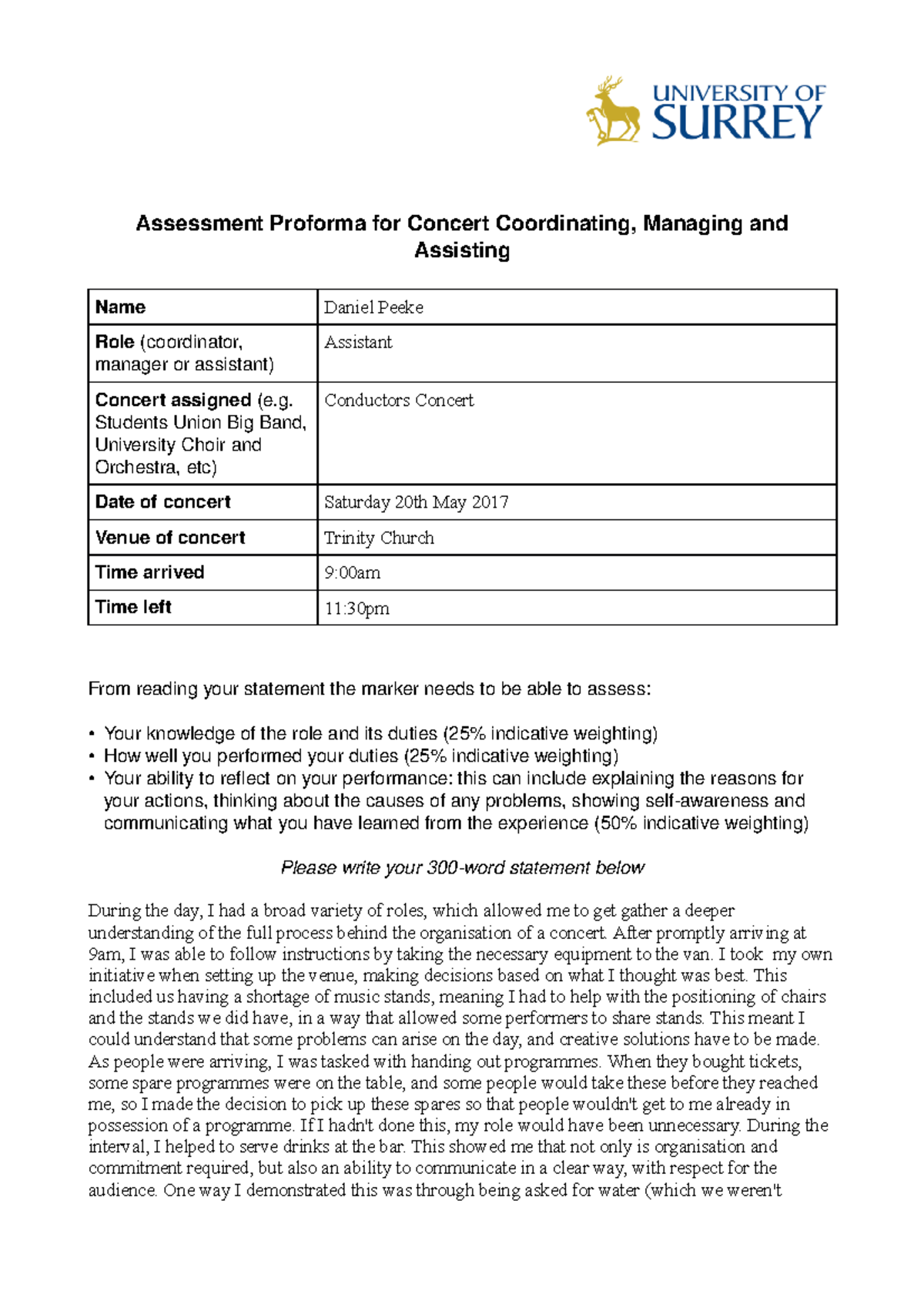 Concert Managment Proforma - Assessment Proforma for Concert ...