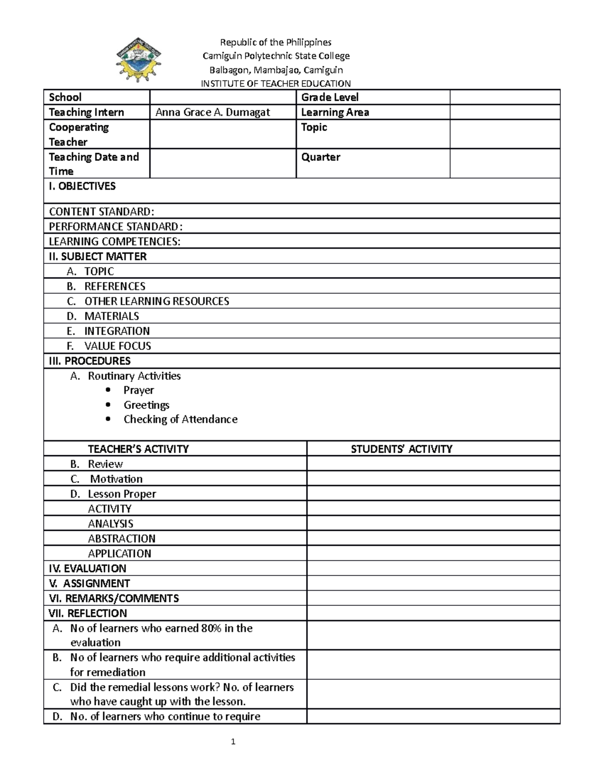 Detailed Lesson Plan Template - Republic of the Philippines Camiguin ...