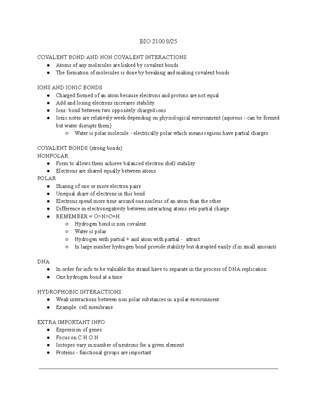Untitled document - Summary Intro to Bio - BIO 2100 8/ COVALENT BOND AND NON COVALENT ...