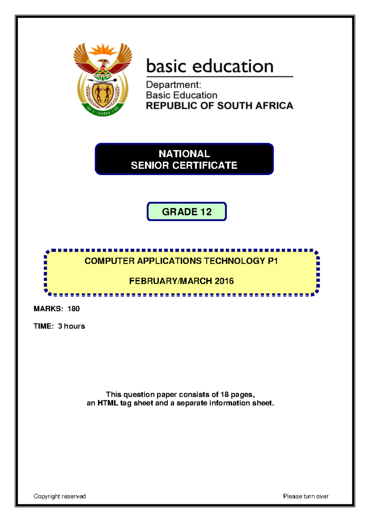 CAT P1 Feb-March 2016 Eng - MARKS: 180 TIME: 3 hours This question ...