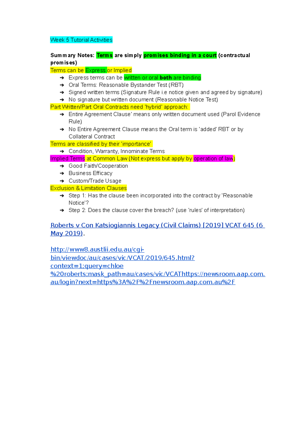 BTF1010 Week 5 (F2) - WK 5 - Week 5 Tutorial Activities Summary Notes ...