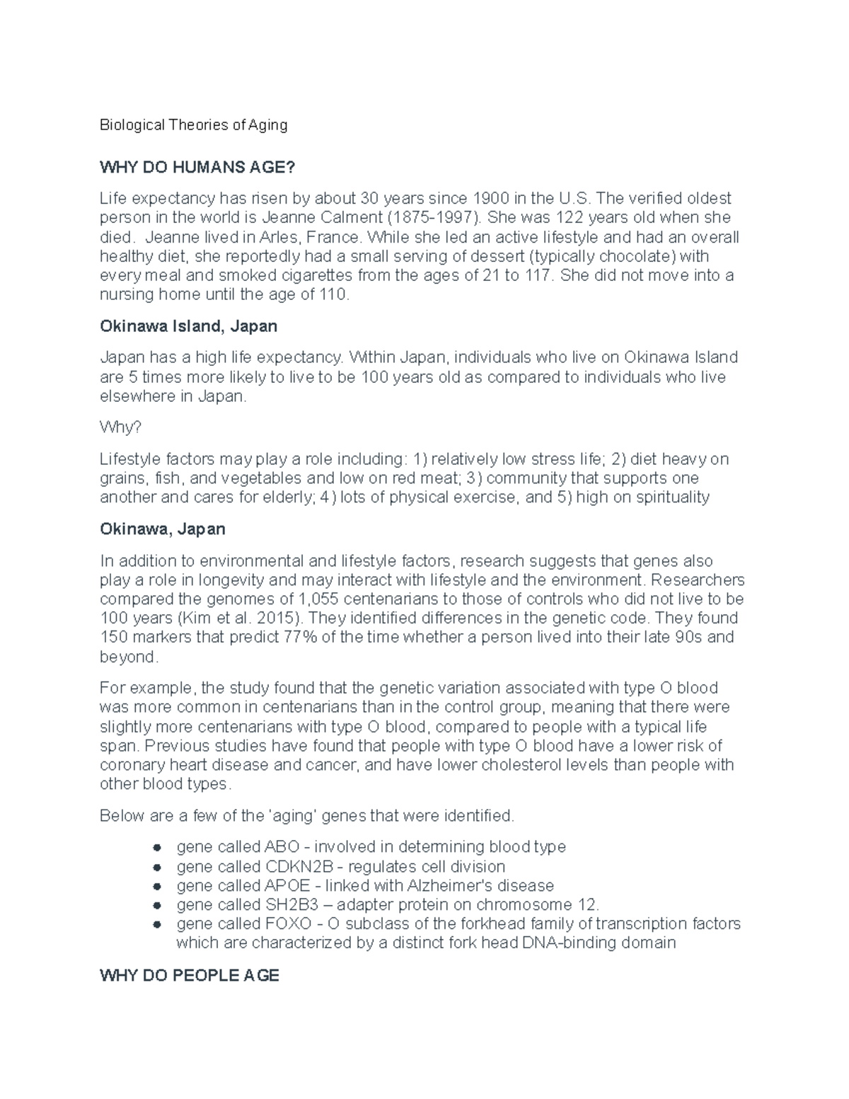 Module 7 - Lecture notes 7 - Biological Theories of Aging WHY DO HUMANS ...