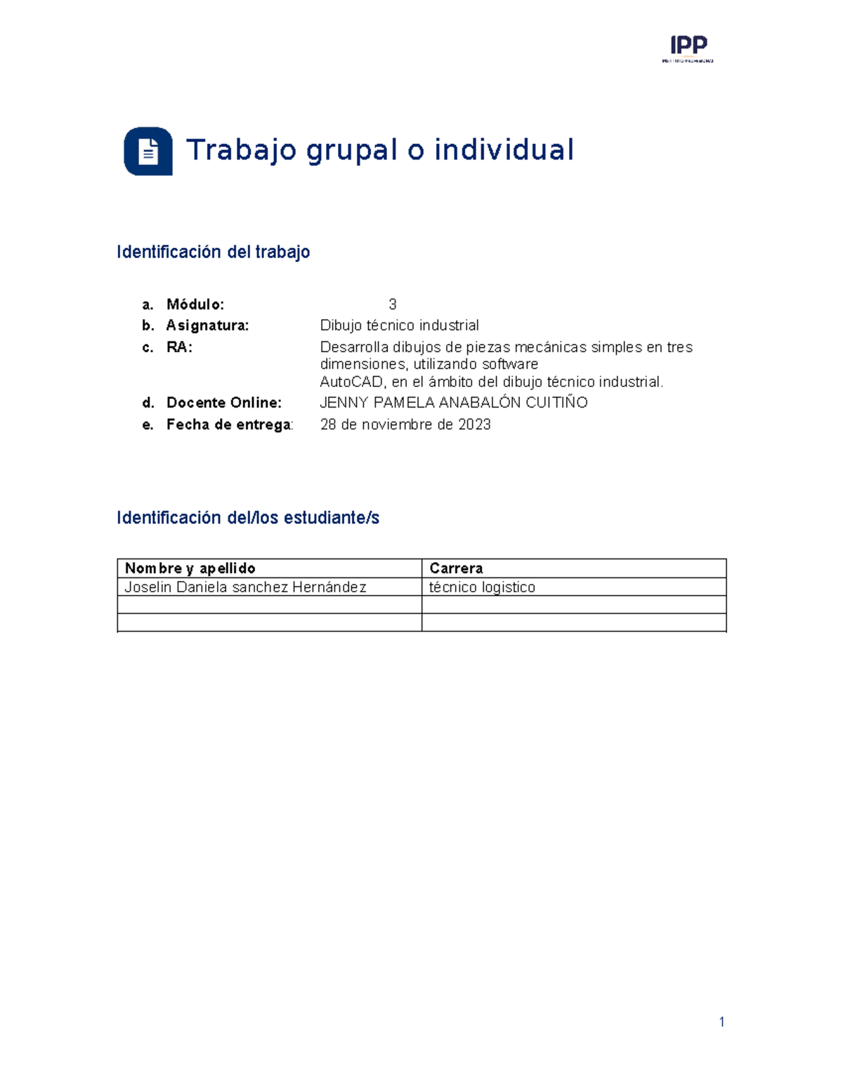 Joselin sanchez M3 dibujo tecnico industrial - Trabajo grupal o ...