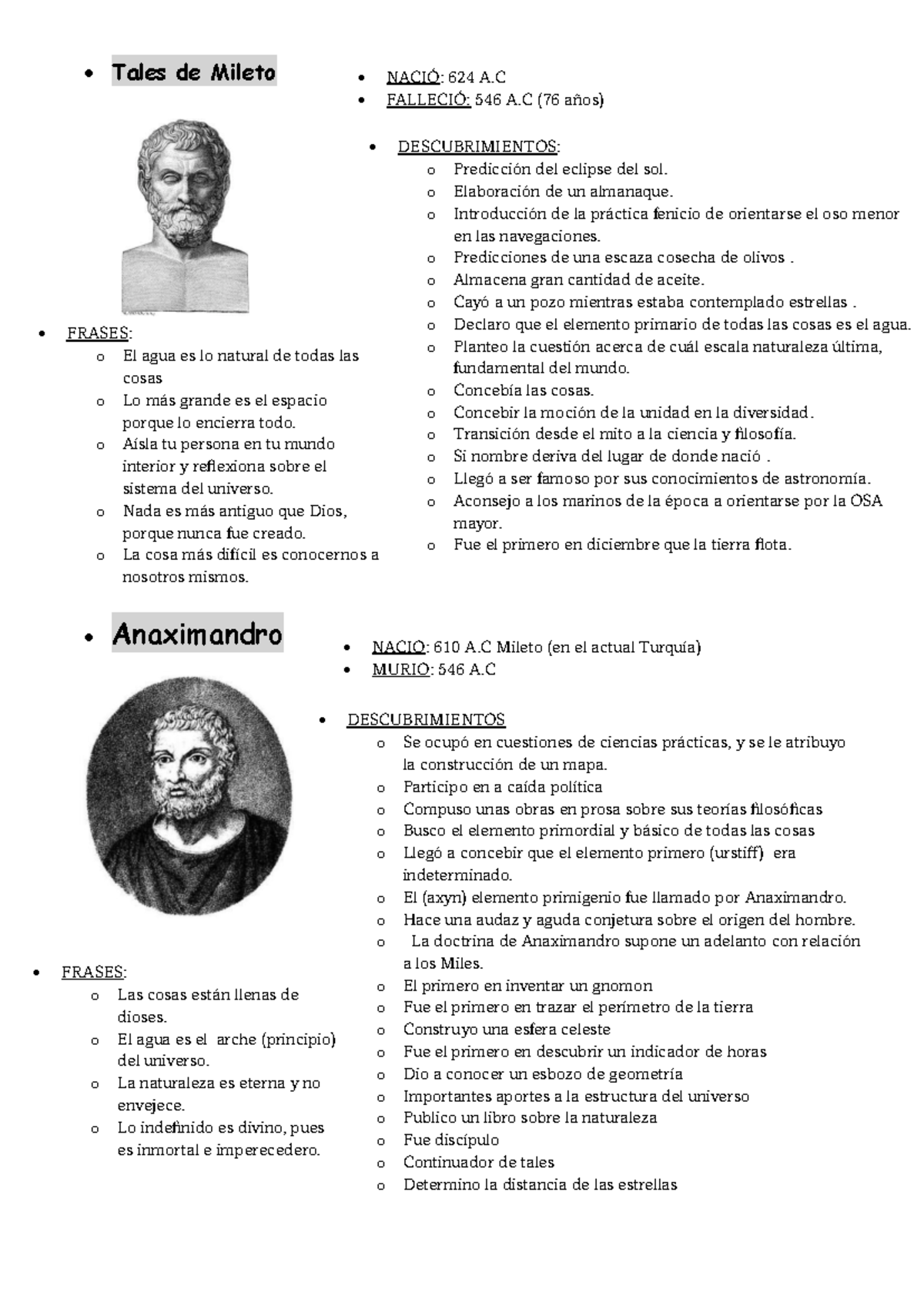 Filósofos 1 - • Tales de Mileto • Anaximandro • DESCUBRIMIENTOS: o ...