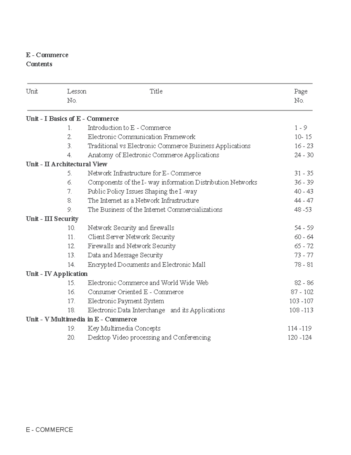 E Commerce Notes - ,,,, - E - Commerce Contents Unit Lesson Title Page ...