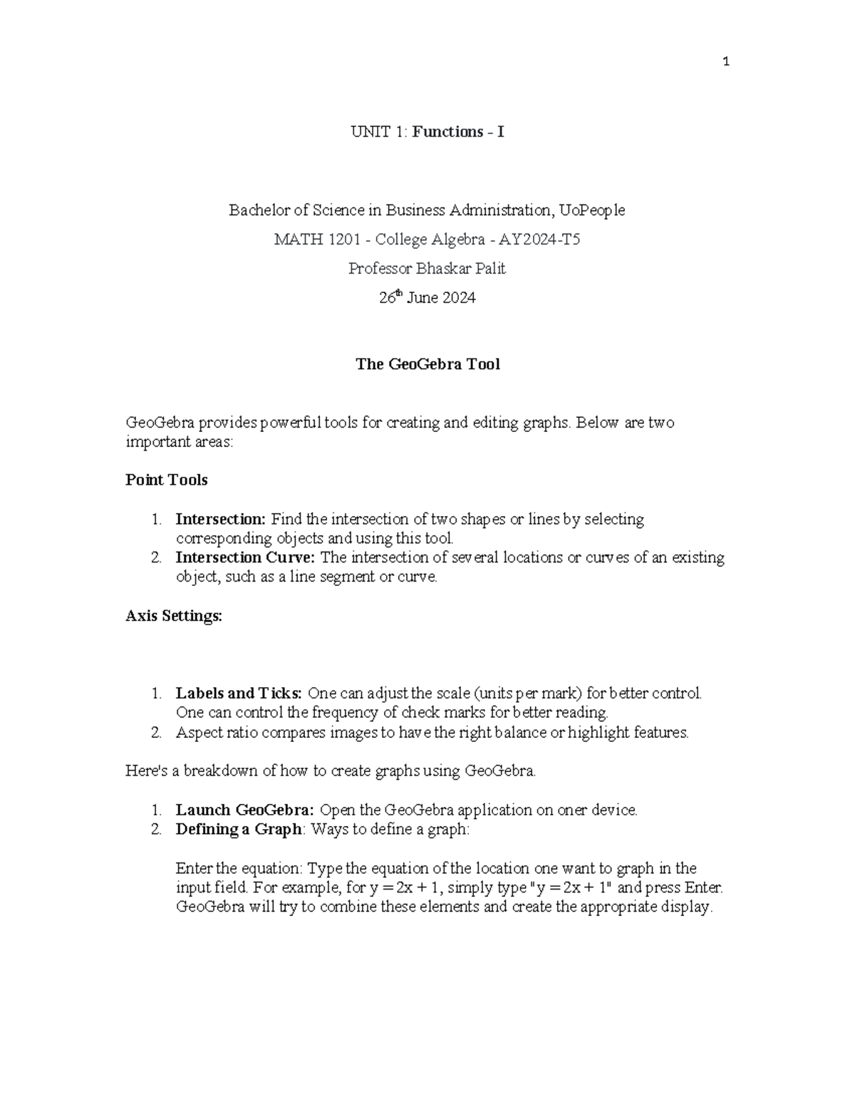 Unit 1 Functions - I D - algebra - 1 UNIT 1: Functions - I Bachelor of ...