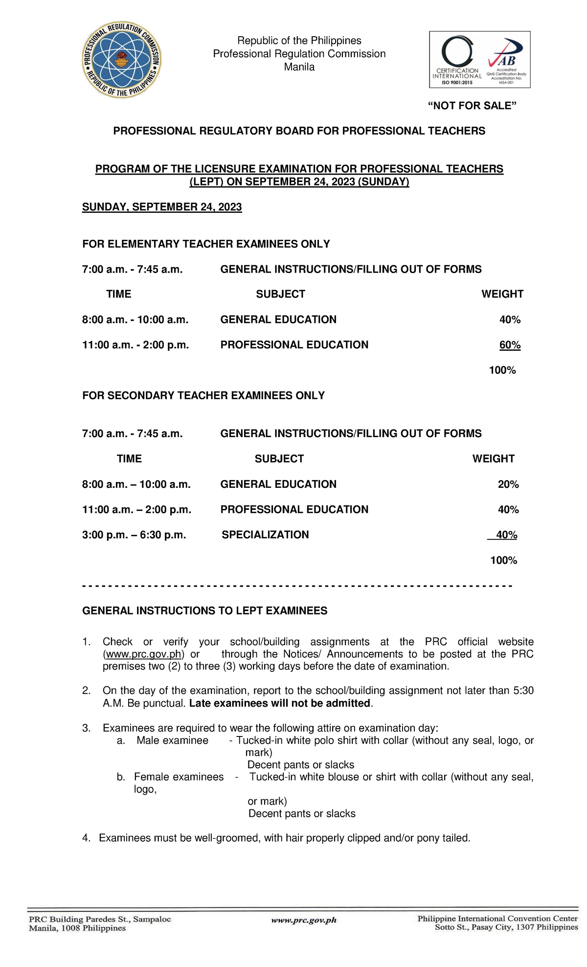 General Instructions to LEPT Examinees (September 2023 LET) - Republic ...