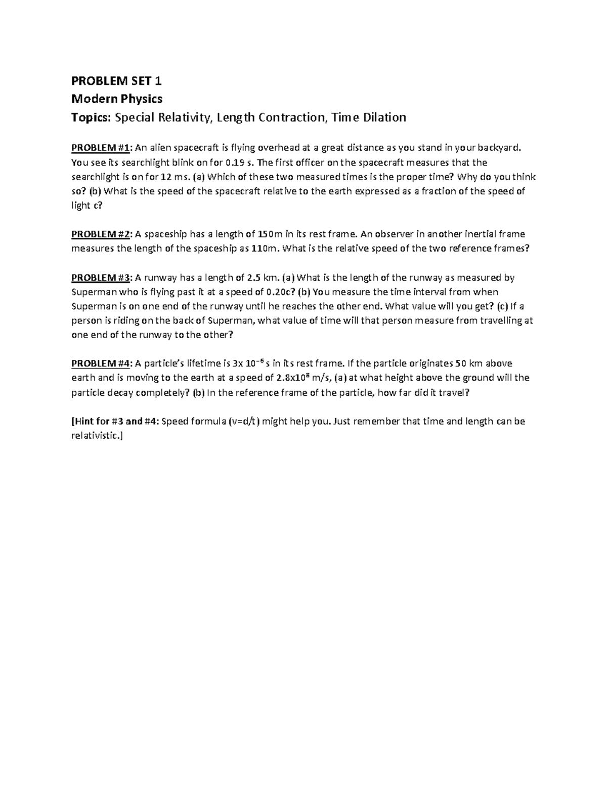 Problem Set 1 - PROBLEM SET 1 Modern Physics Topics: Special Relativity ...