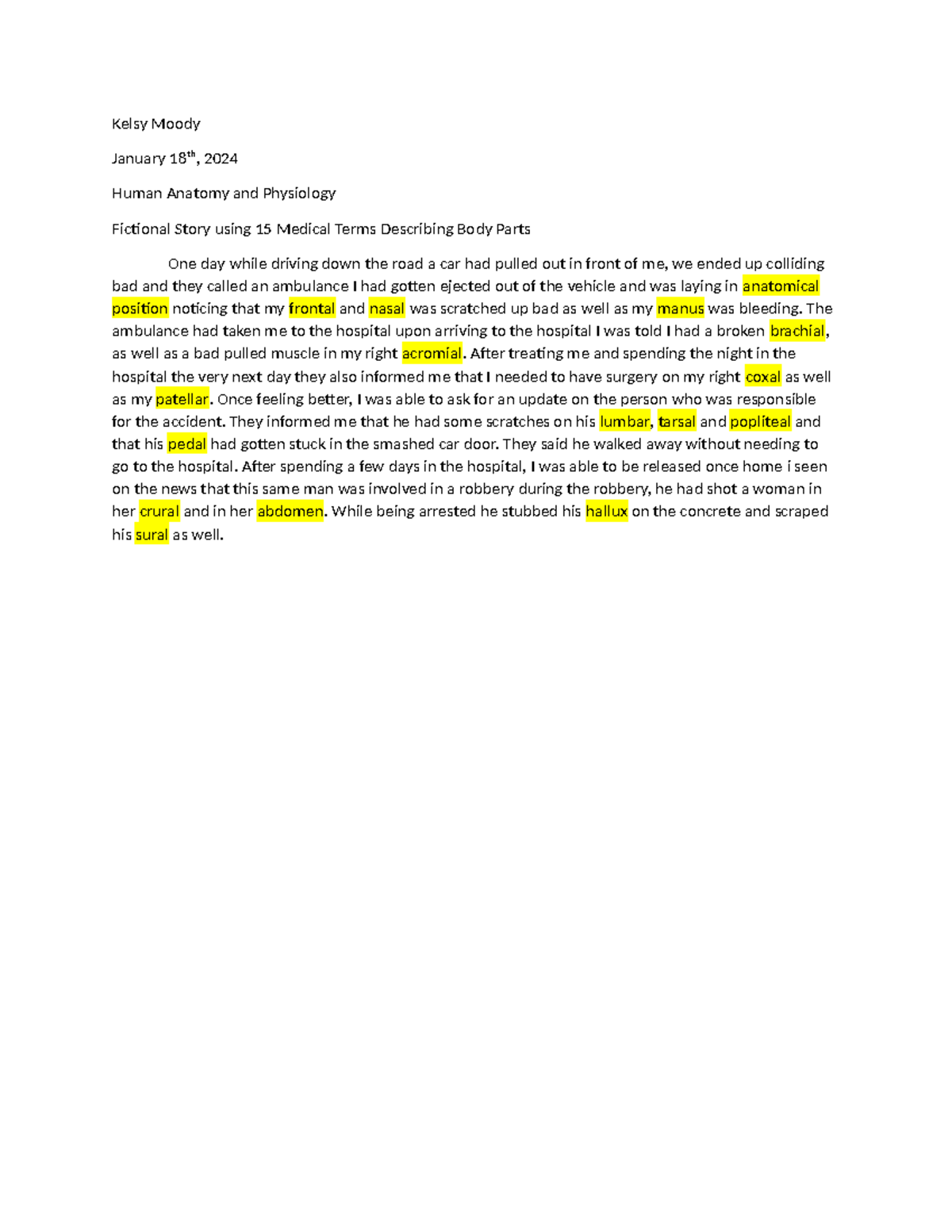 Biology Fictional Paper using Med Terms descrbing body parts January ...