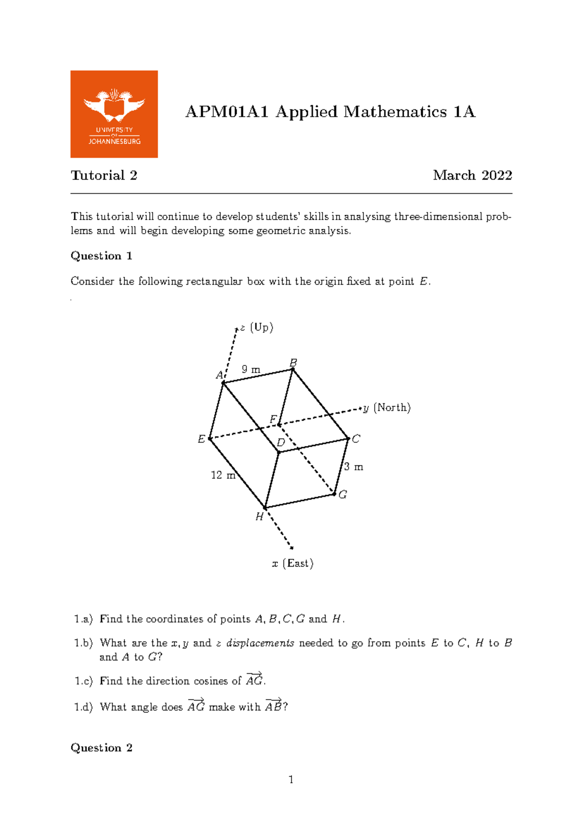 2022apm01a1 tut2 - Apllied maths tut - APM01A1 Applied Mathematics 1A ...
