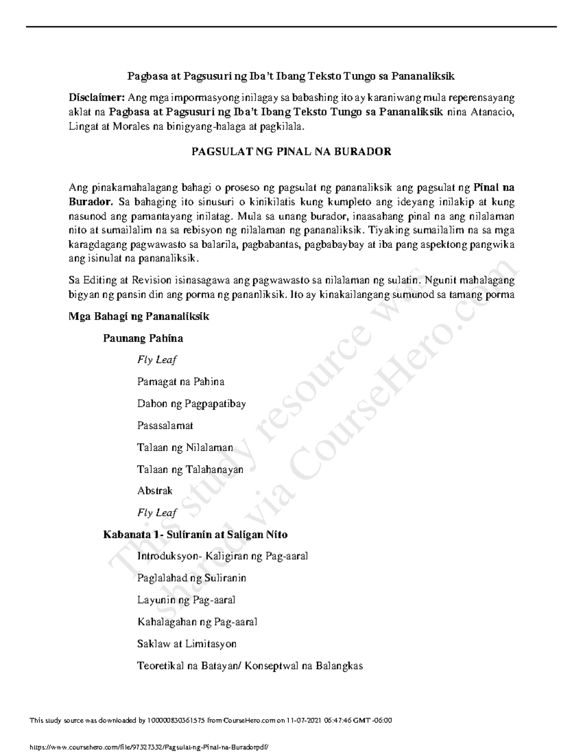 Pagsulat ng Pinal na Burador - Education - Studocu